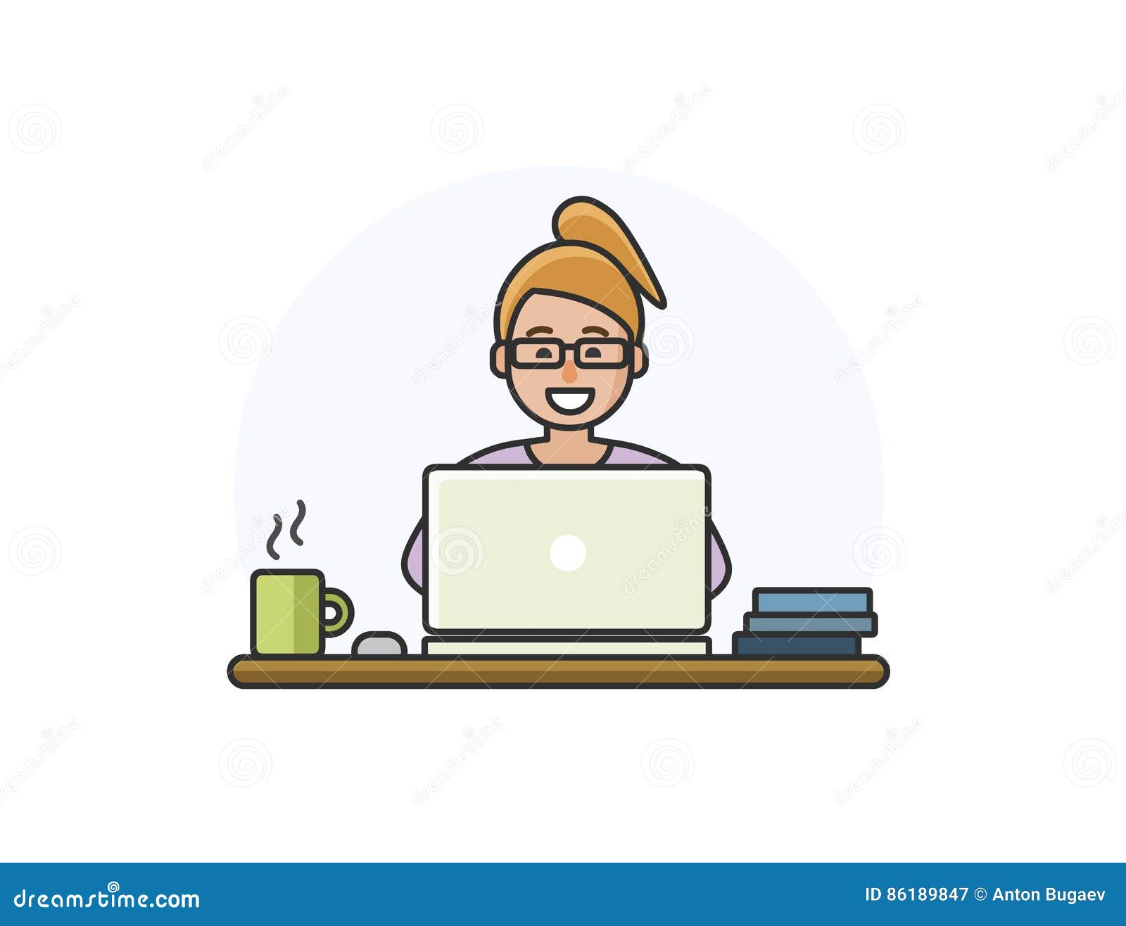 Vector Illustration Des Karikaturfrauencharakters, Der an Computer ...