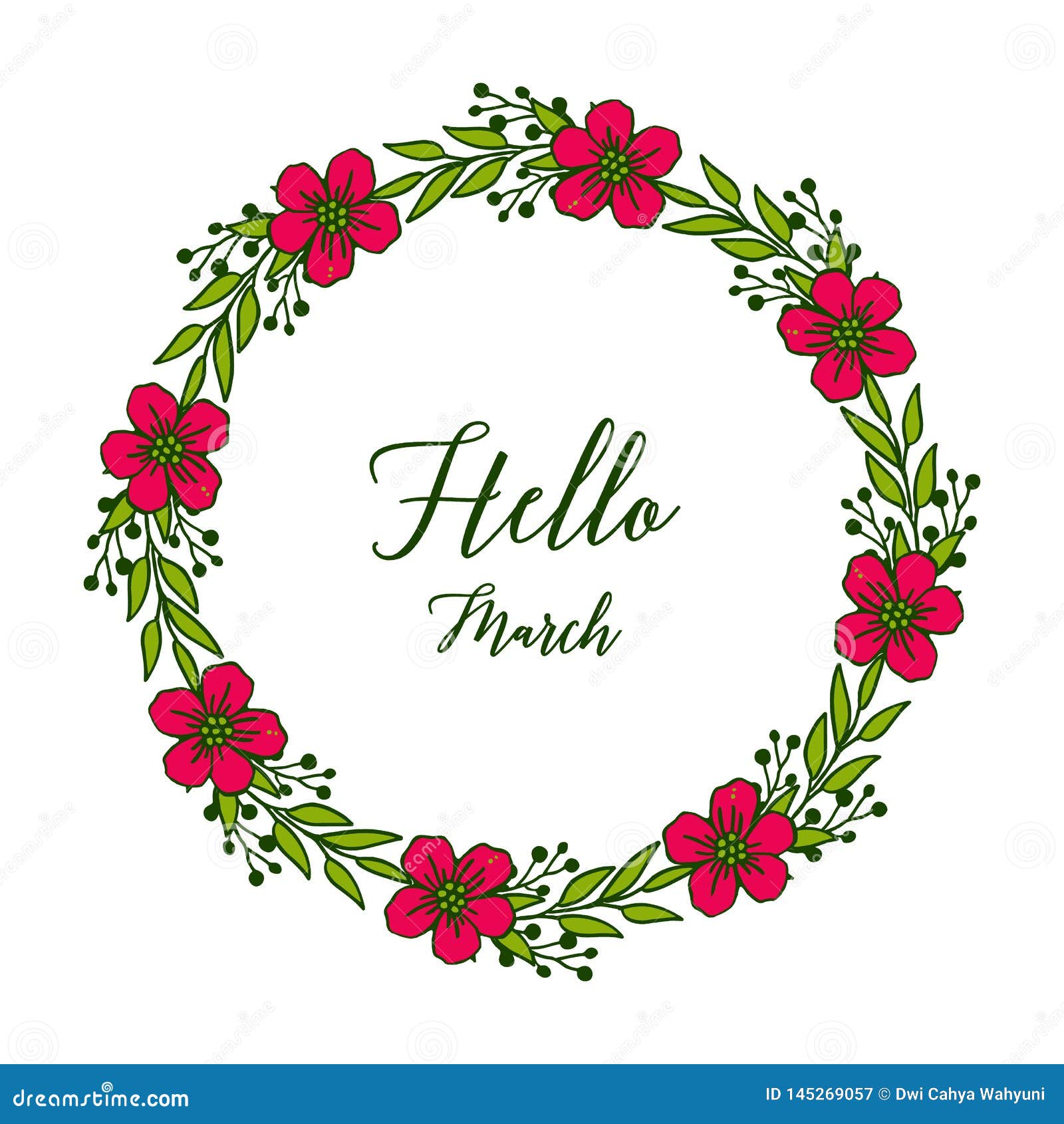 Vector Illustration Design Hello March with Bright Flowers Frame Stock ...