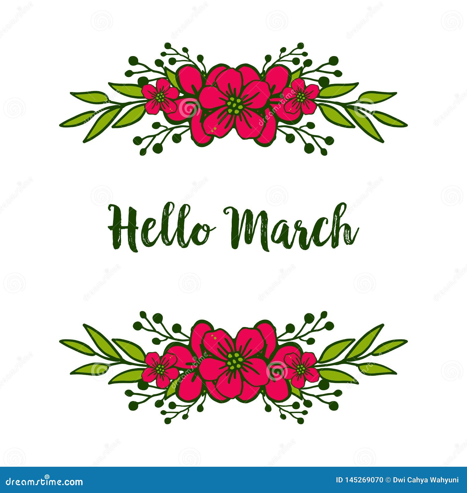 Vector Illustration Design Hello March with Bright Flowers Frame Stock ...