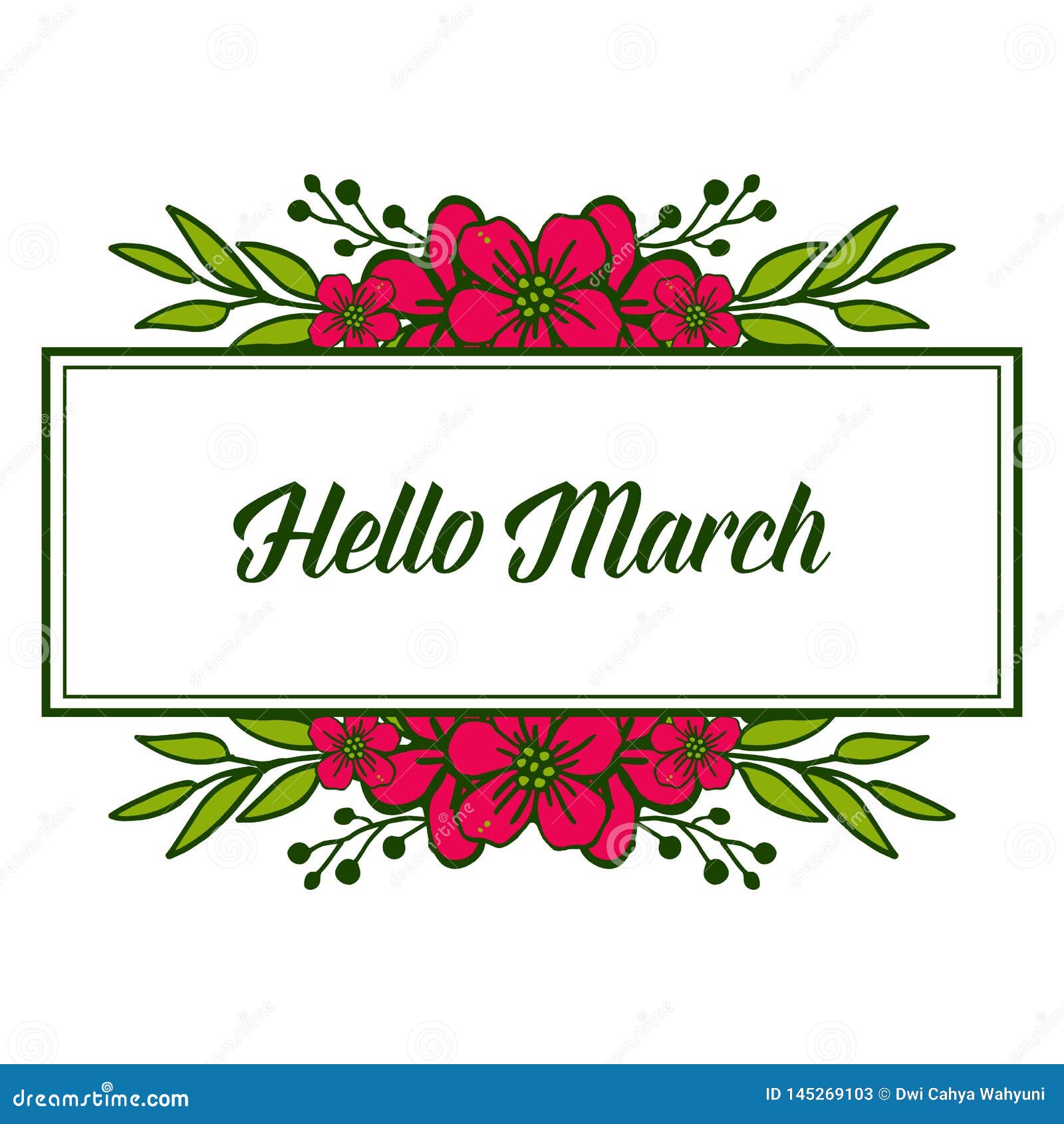 Vector Illustration Design Hello March with Bright Flowers Frame Stock ...
