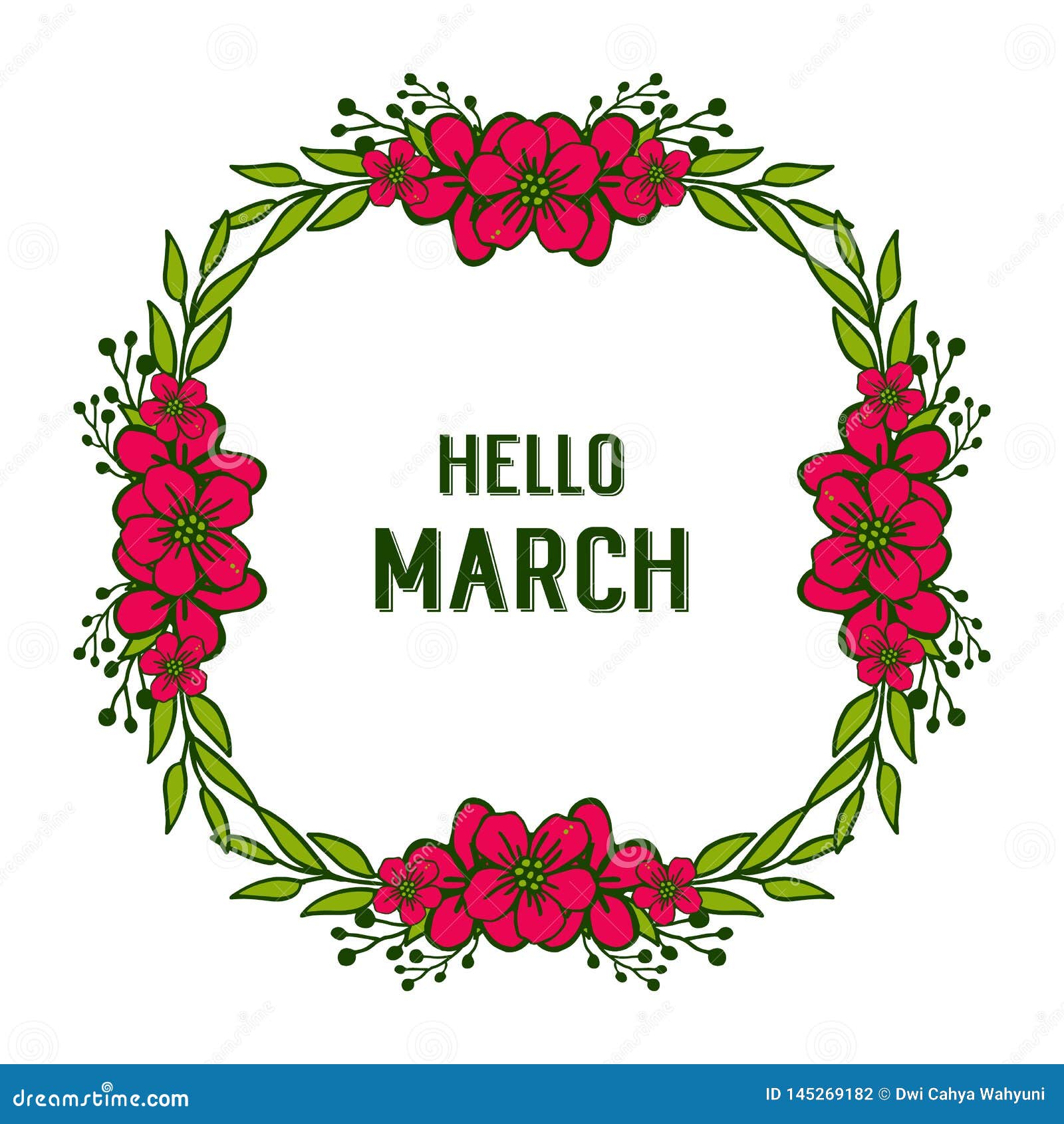 Vector Illustration Design Hello March with Bright Flowers Frame Stock ...