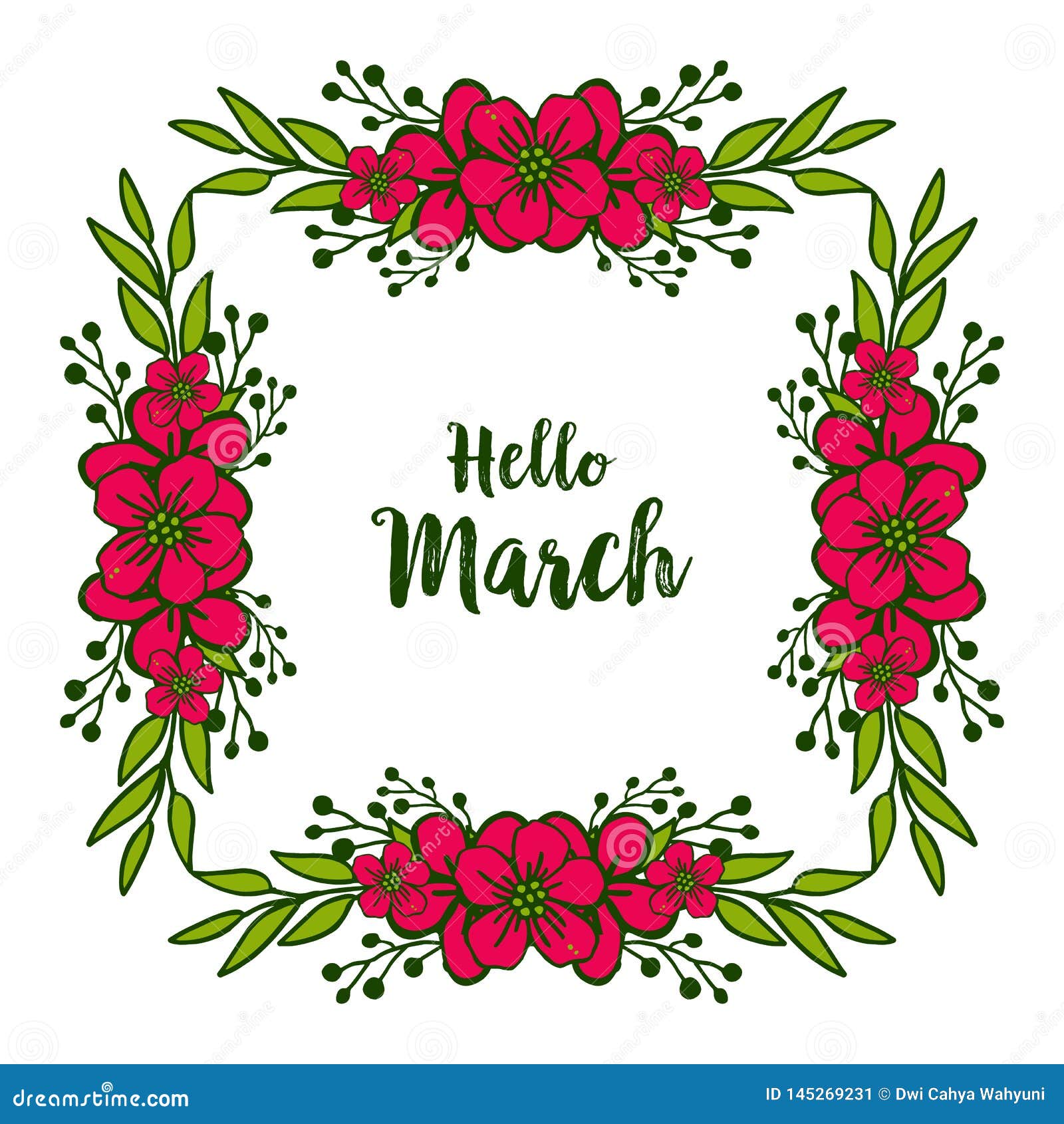 Vector Illustration Design Hello March with Bright Flowers Frame Stock ...