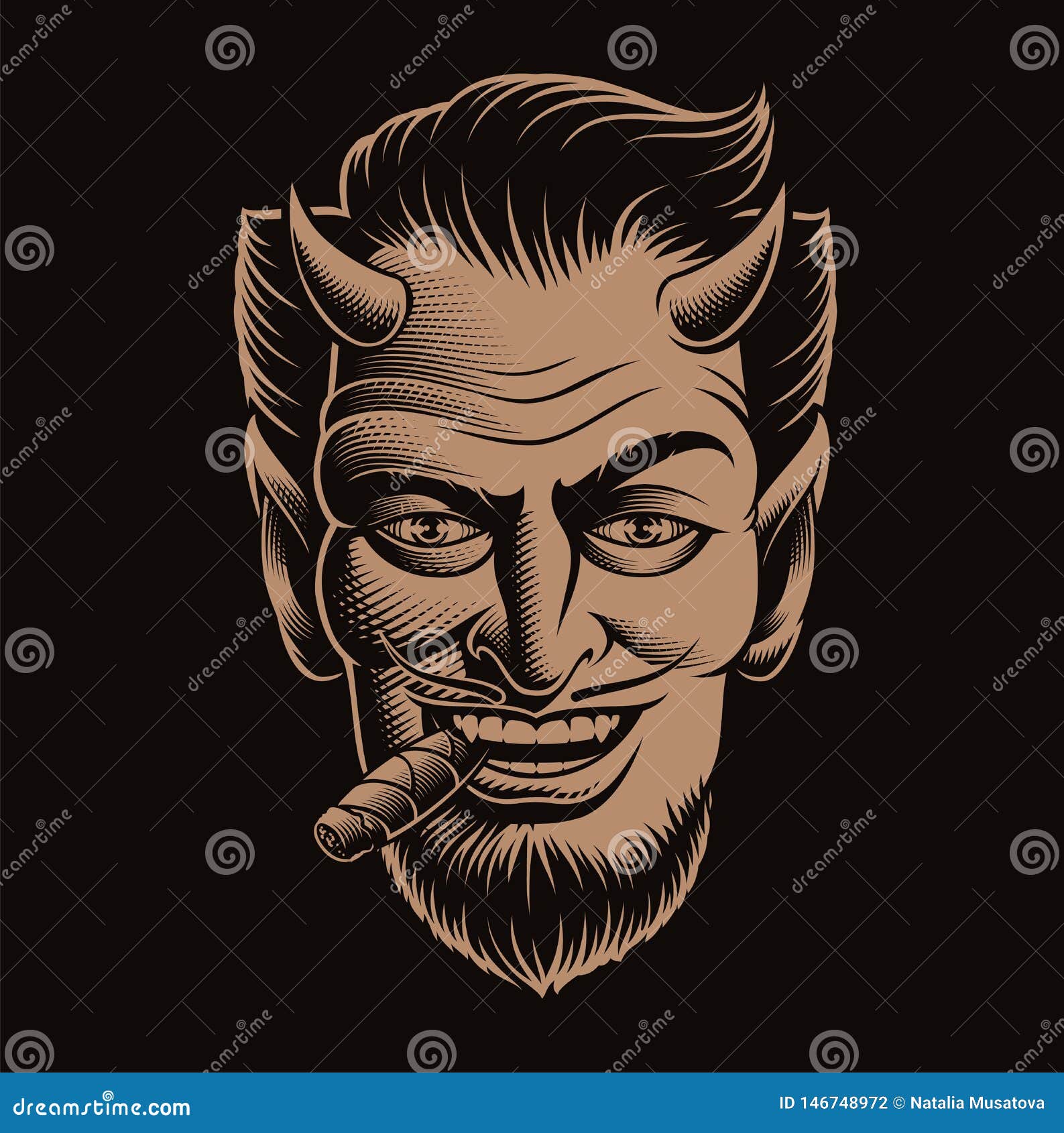 Vector Illustration of a Devil Face Smoking a Cigar Stock Vector ...