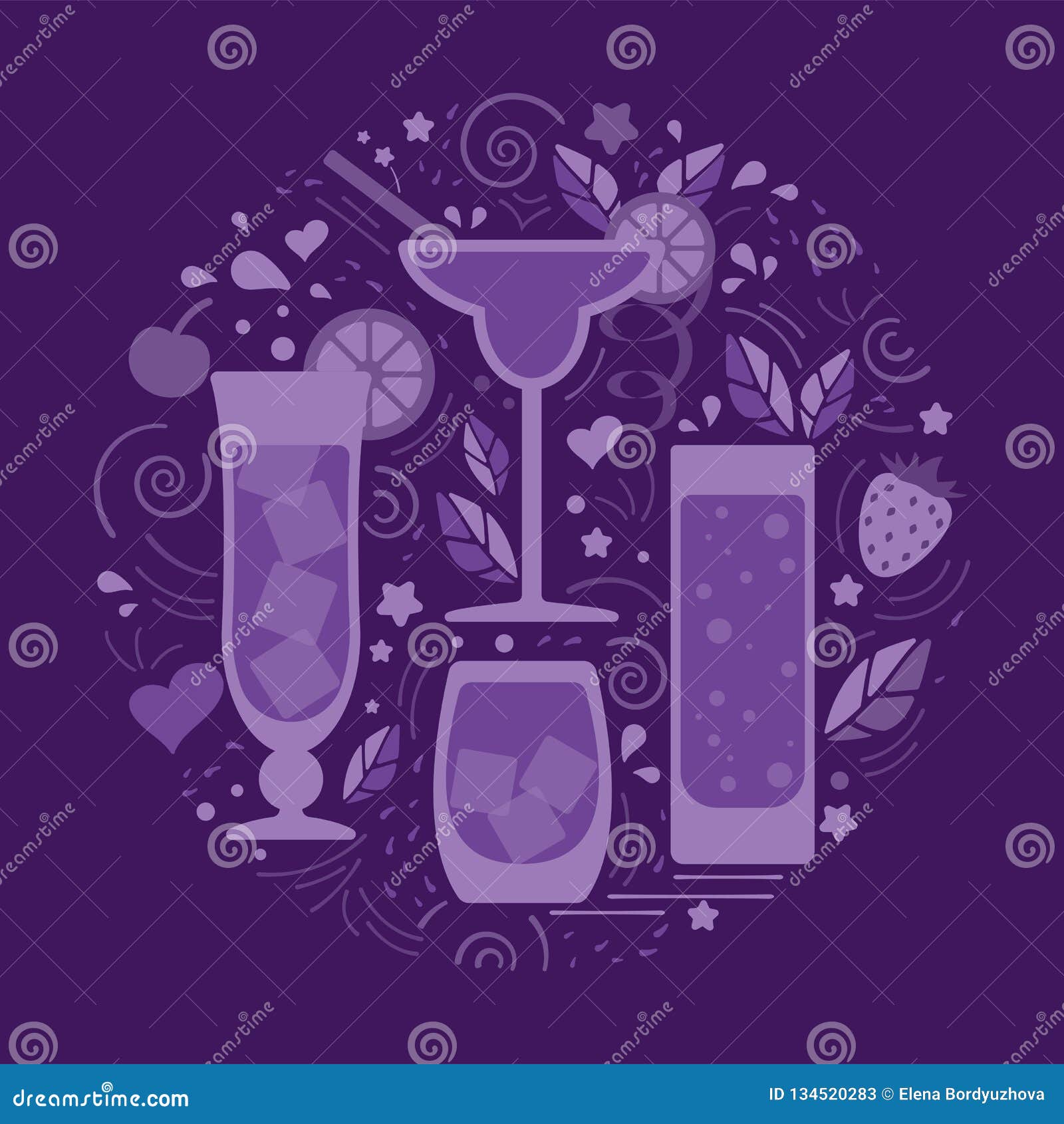 Vector Illustration with Different Drinks and Decoration Elements Stock ...
