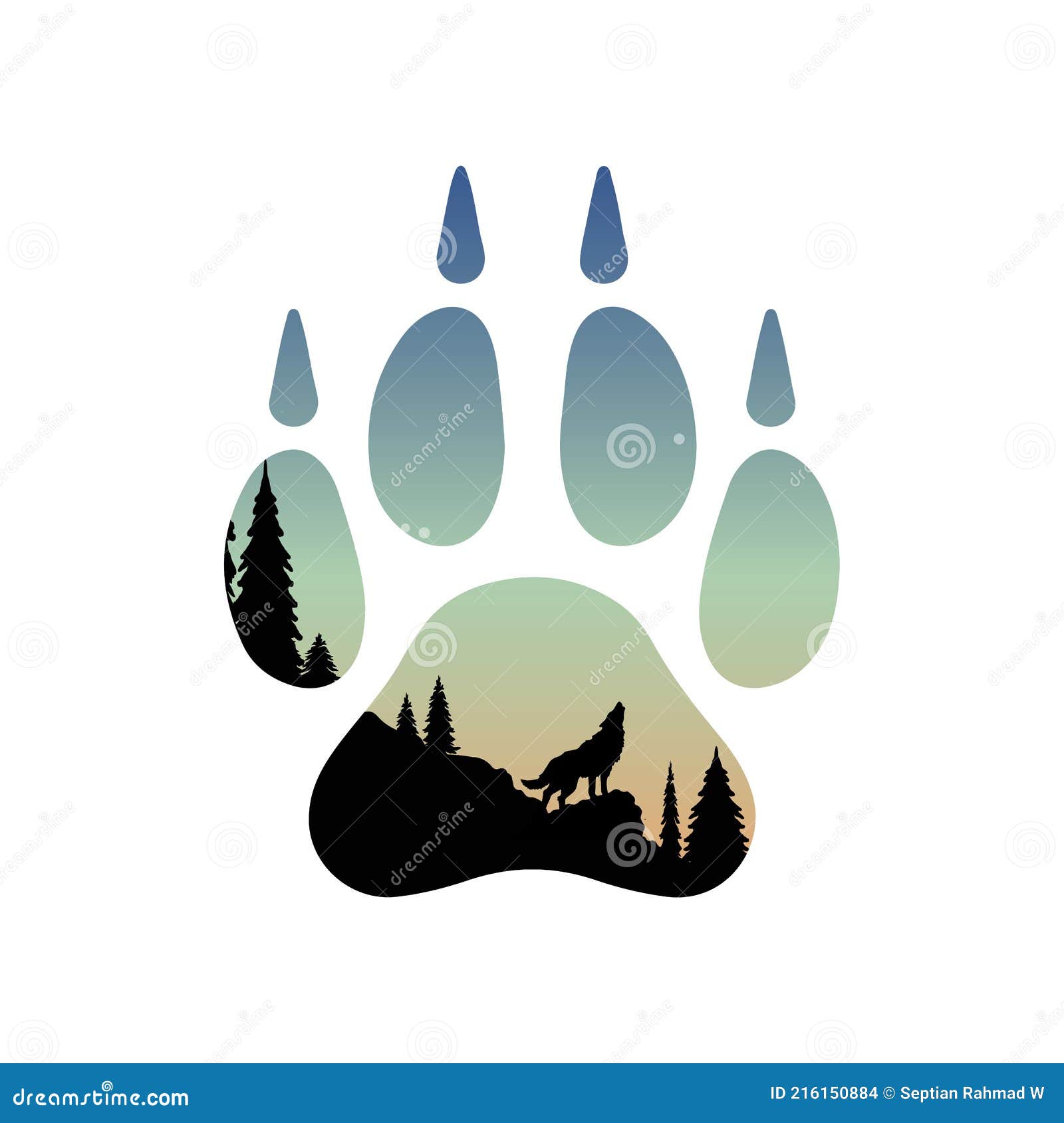Vector Illustration of Double Exposure Wolf Footprint with Silhouette ...