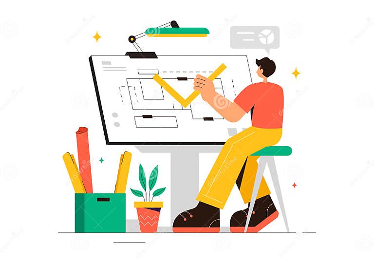 Vector Illustration of a Drafting Engineer or Architect Working on a ...