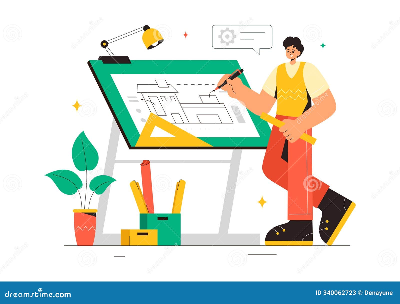 Vector Illustration of a Drafting Engineer or Architect Working on a ...