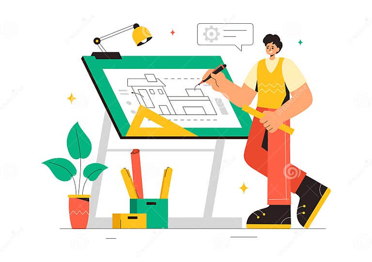 Vector Illustration of a Drafting Engineer or Architect Working on a Drawing Board, Projecting ...