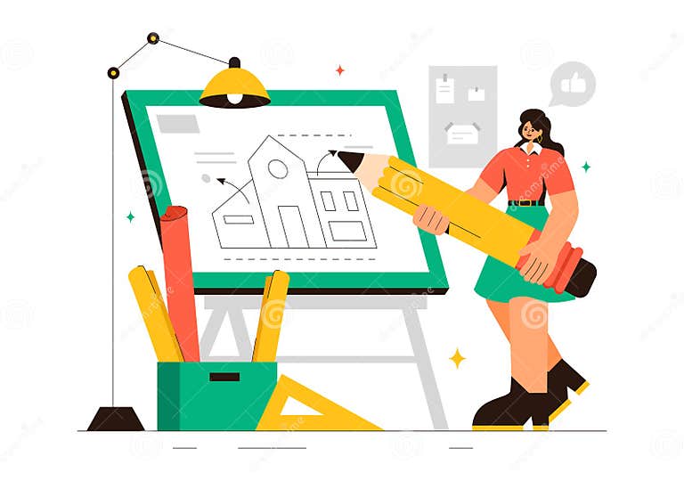 Vector Illustration of a Drafting Engineer or Architect Working on a Drawing Board, Projecting ...