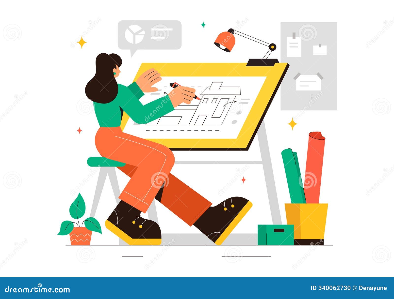 Vector Illustration of a Drafting Engineer or Architect Working on a Drawing Board, Projecting ...