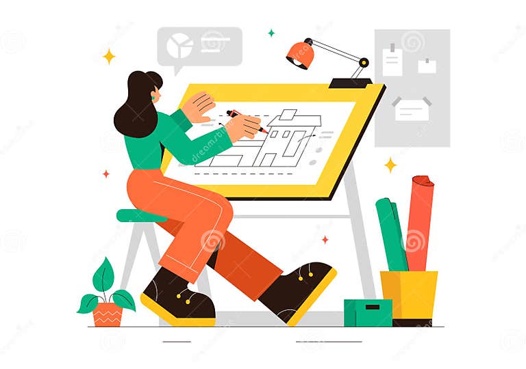 Vector Illustration of a Drafting Engineer or Architect Working on a ...