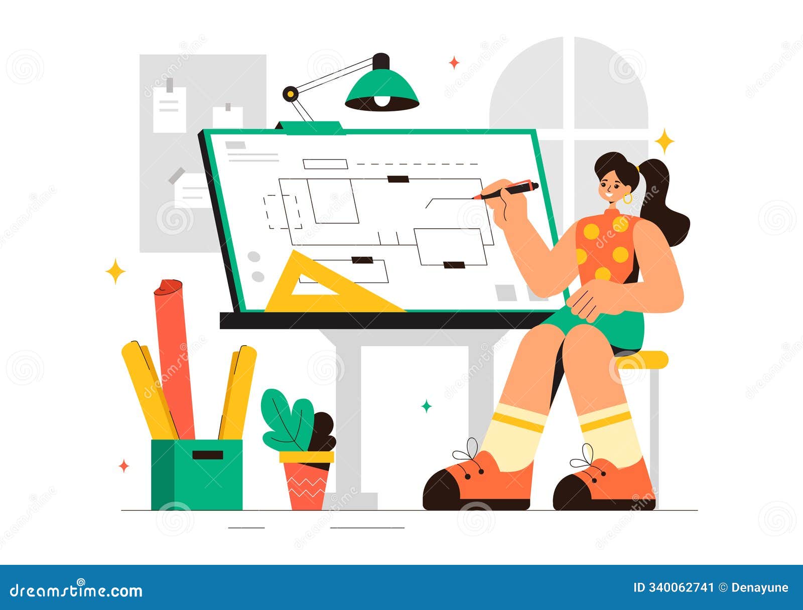 Vector Illustration of a Drafting Engineer or Architect Working on a Drawing Board, Projecting ...
