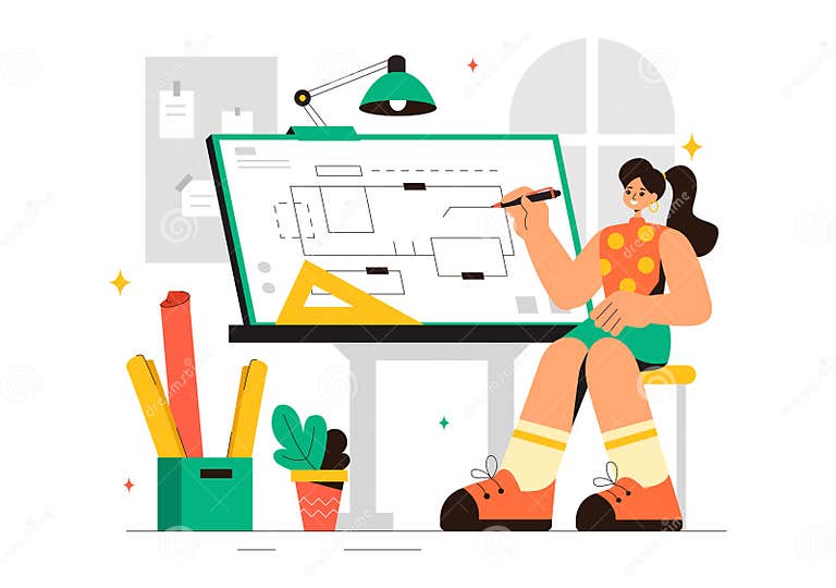 Vector Illustration of a Drafting Engineer or Architect Working on a ...