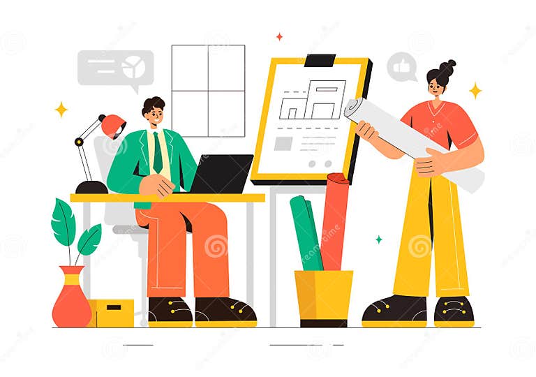 Vector Illustration of a Drafting Engineer or Architect Working on a Drawing Board, Projecting ...