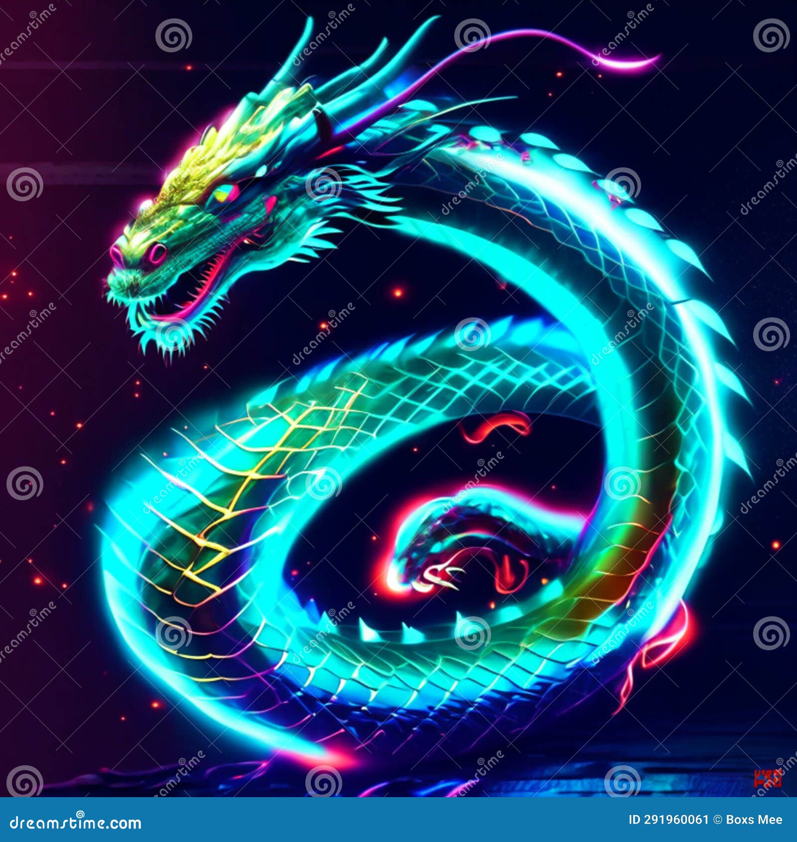 Vector Illustration of a Dragon on a Dark Background with Neon Lights ...