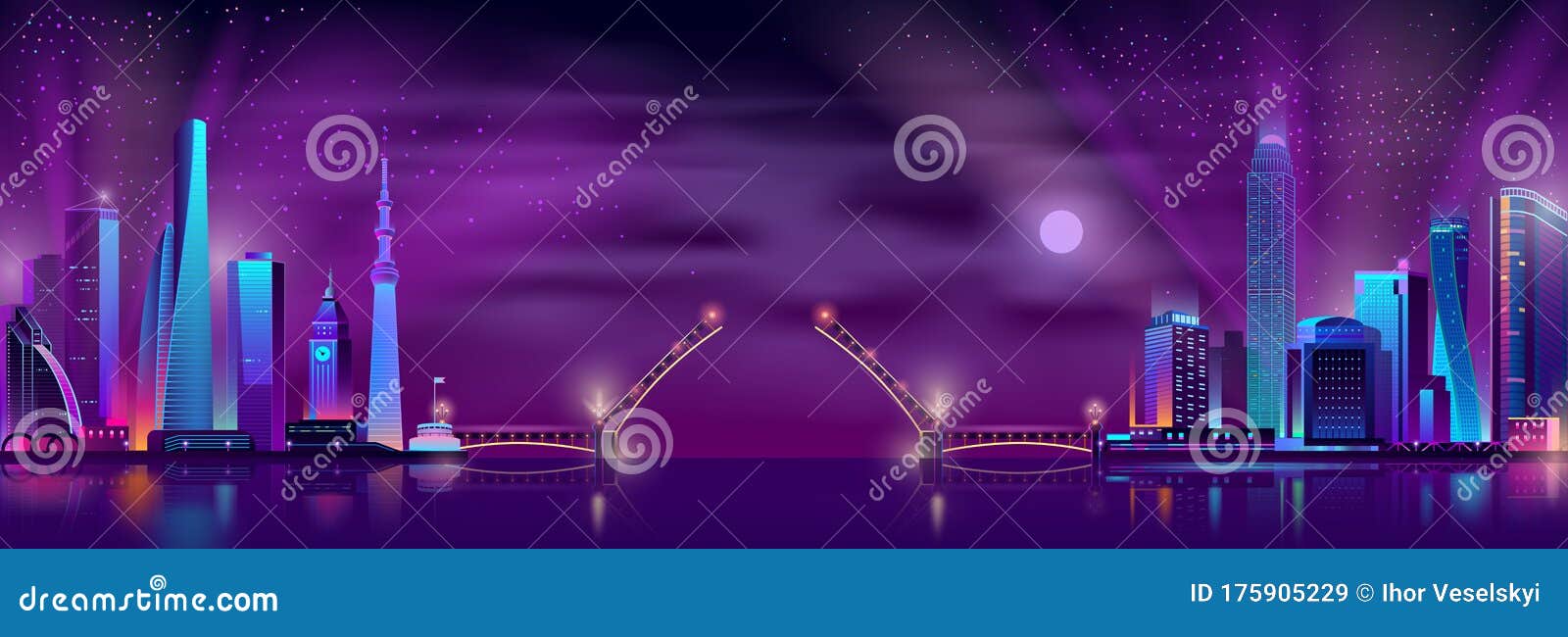 Vector Raised Drawbridge between Two Neon Megalopolises Stock ...