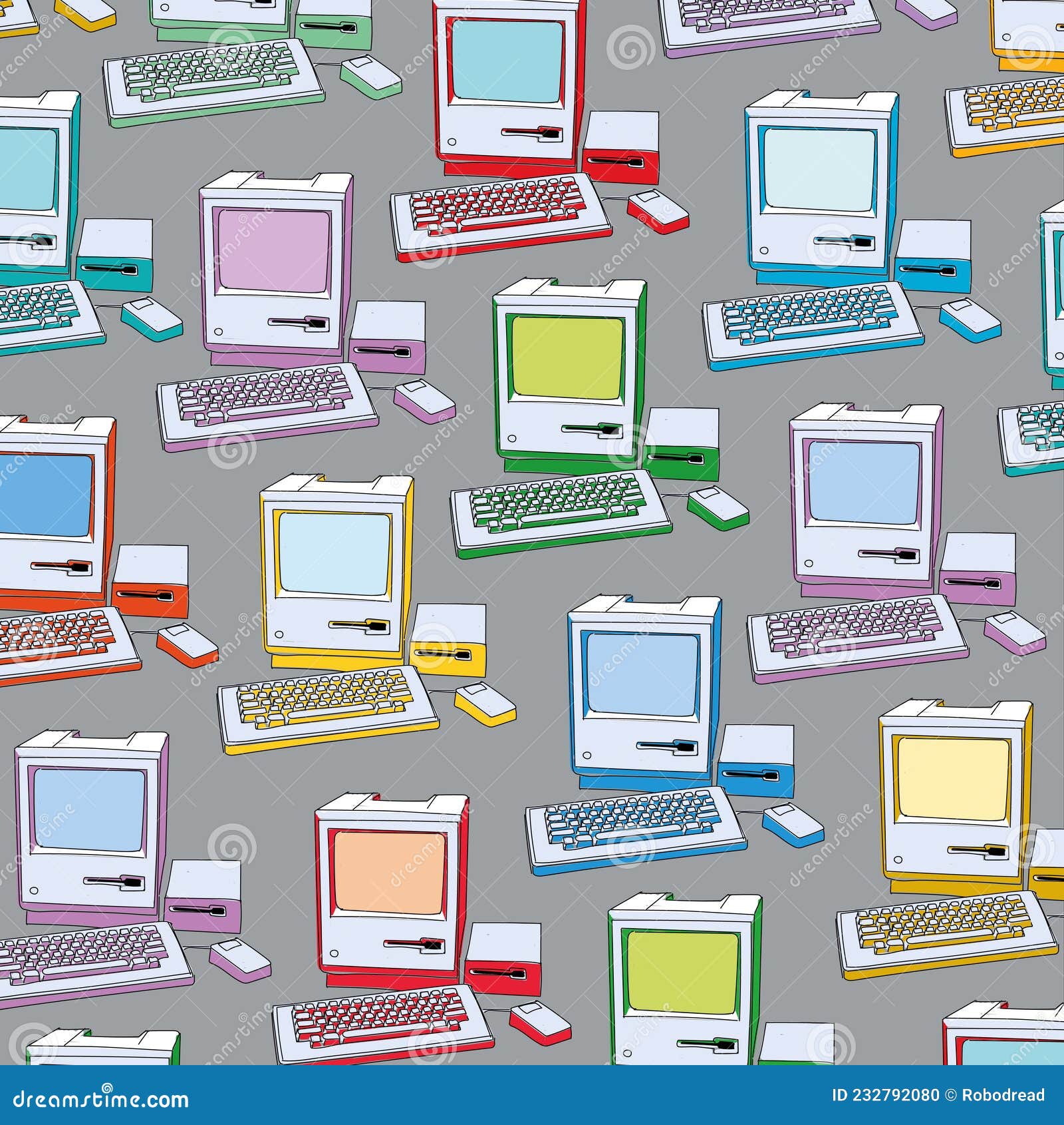 Vector Illustration with Drawing of Old Computers with Keyboard. Stock ...