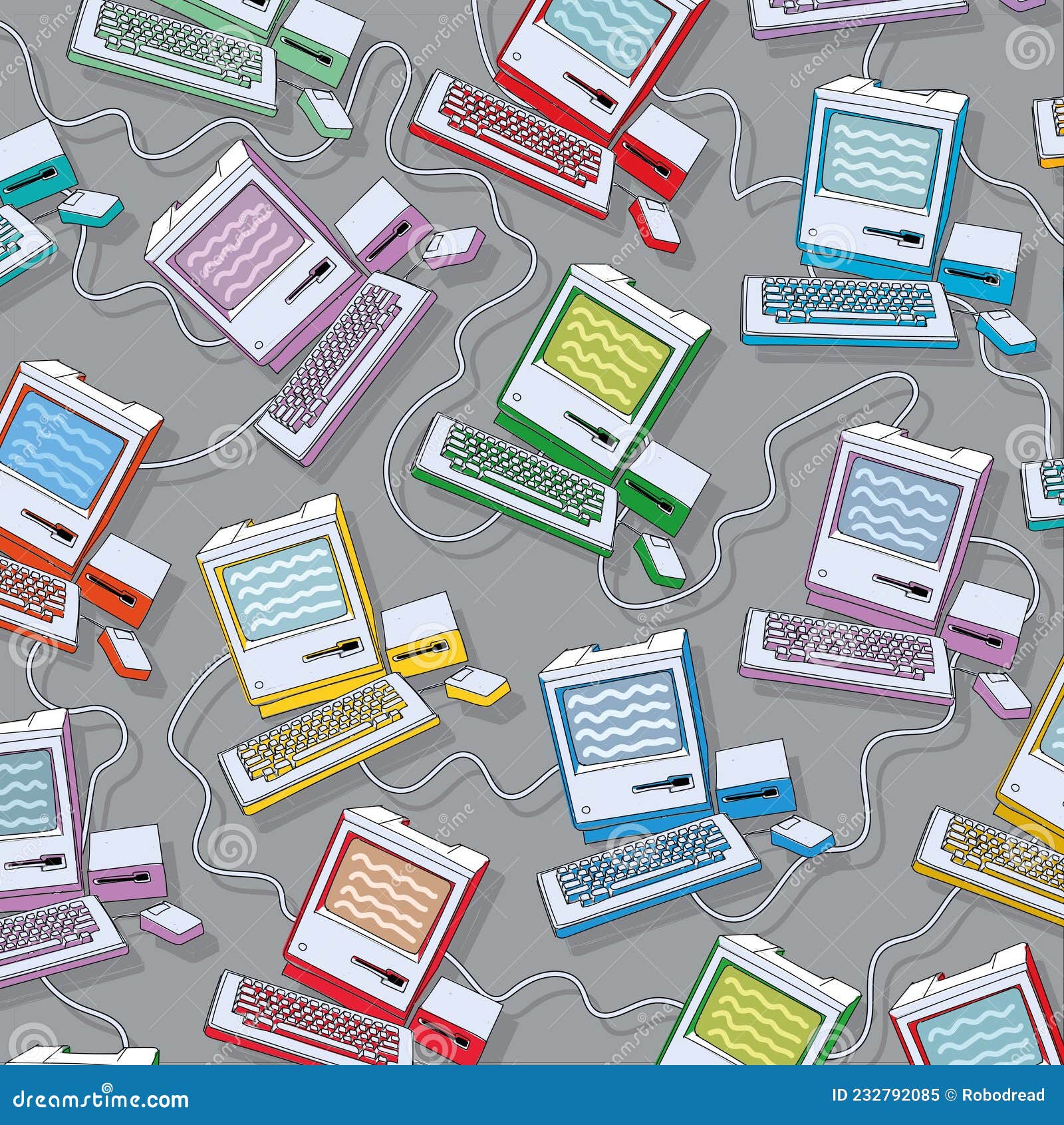 Vector Illustration with Drawing of Old Computers with Keyboard. Stock ...