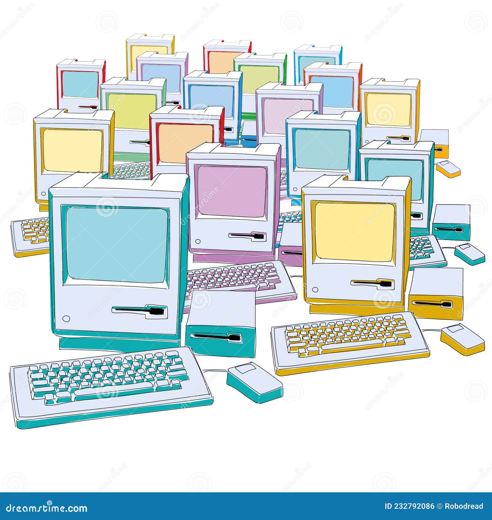 Vector Illustration with Drawing of Old Computers with Keyboard. Stock ...