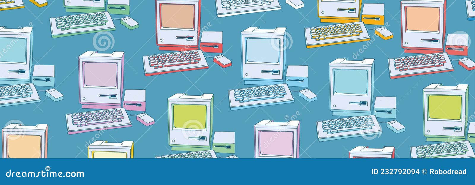 Vector Illustration with Drawing of Old Computers with Keyboard. Stock ...