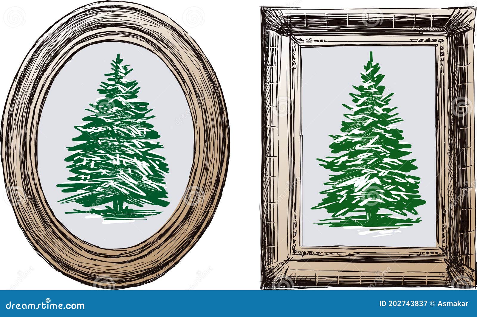 Vector Illustration of Drawn Christmas Trees in Picture Frames Stock ...