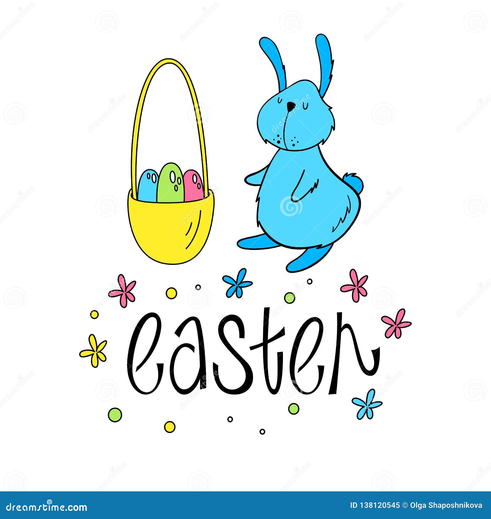 Vector Illustration of an Easter Bunny with a Basket of Eggs. Doodle ...