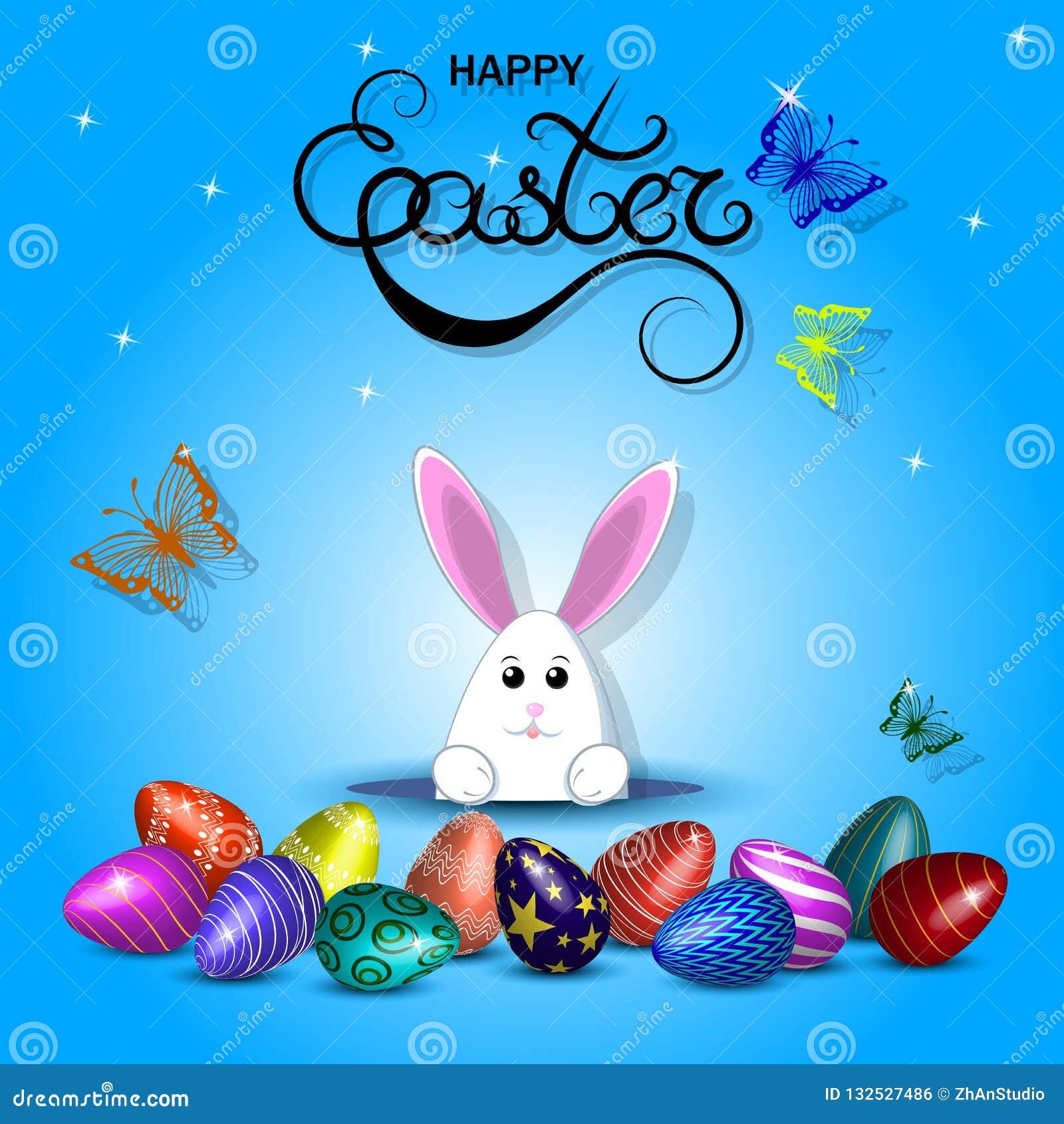 Vector Illustration with Eggs, Hares and Butterflies. Inscriptio Stock ...
