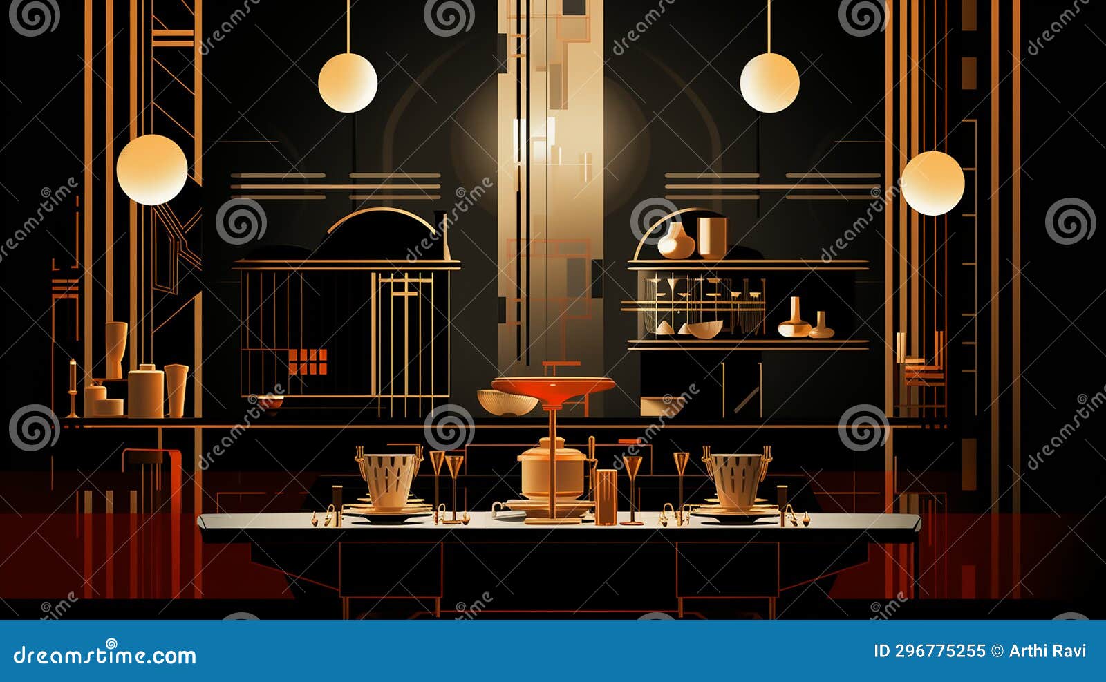 Vector Illustration of an Elegant Kitchen with an Art Deco-inspired ...