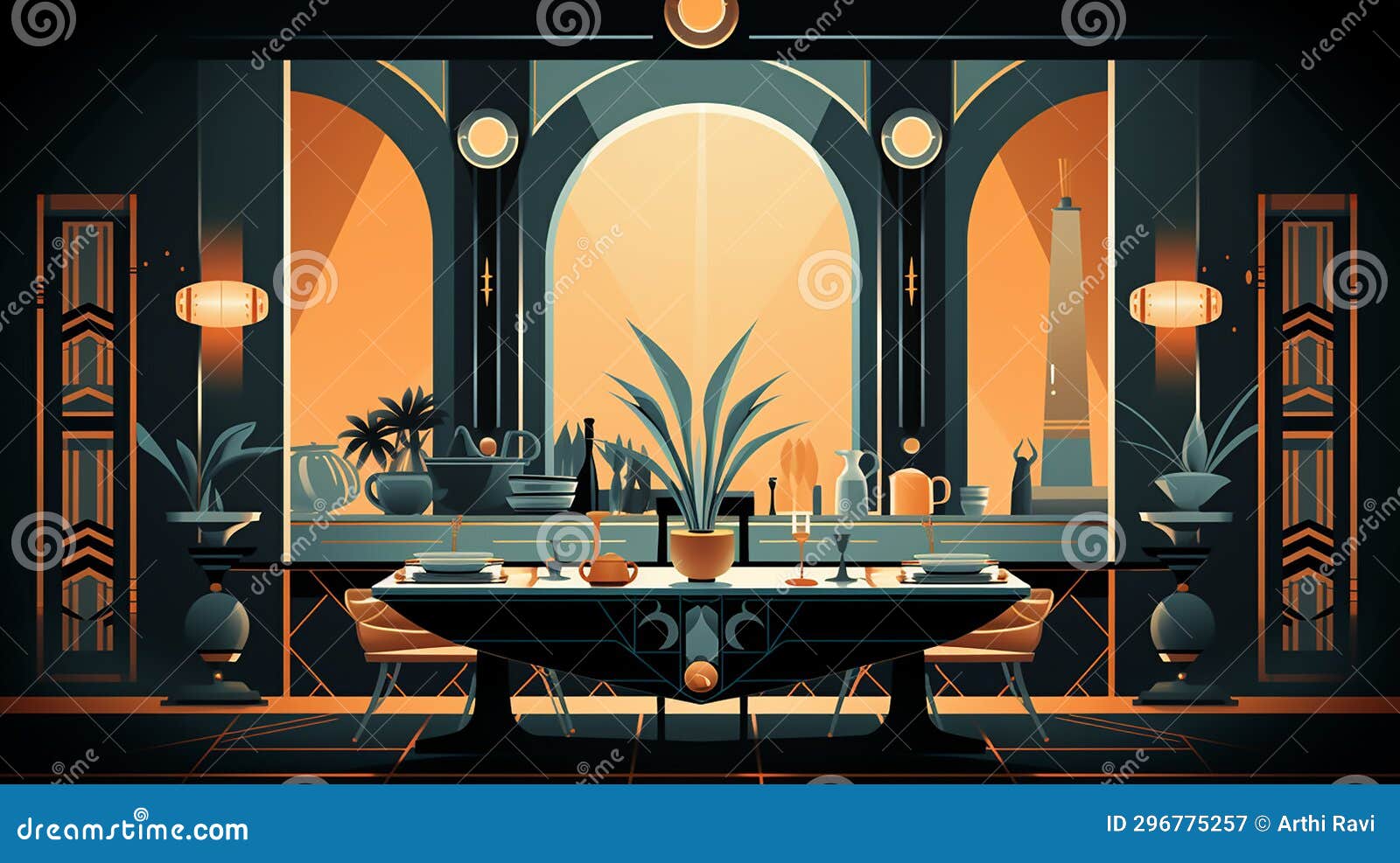 Vector Illustration of an Elegant Kitchen with an Art Deco-inspired ...