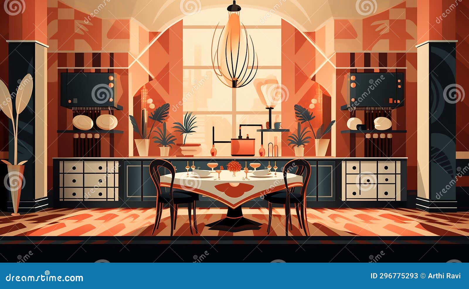 Vector Illustration of an Elegant Kitchen with an Art Deco-inspired ...