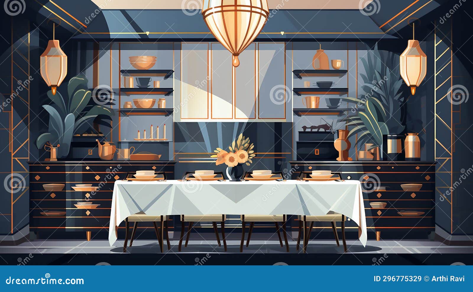 Vector Illustration of an Elegant Kitchen with an Art Deco-inspired ...