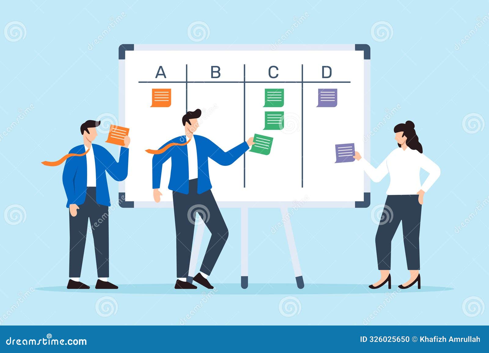Vector Illustration of Employees Voting with Sticky Notes on Whiteboard ...