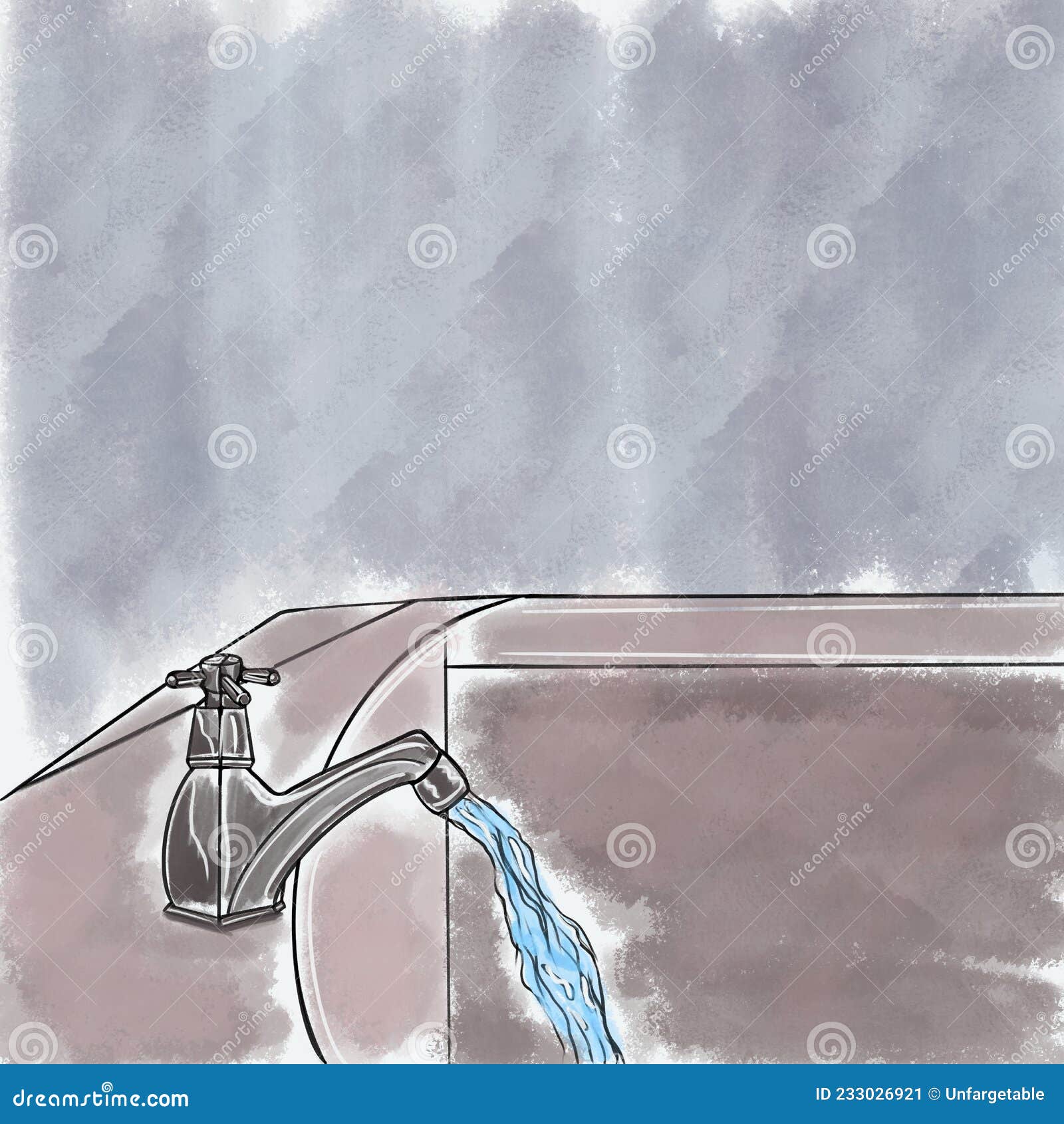 Vector Illustration of an Empty Bathroom with an Open Tap from Which ...
