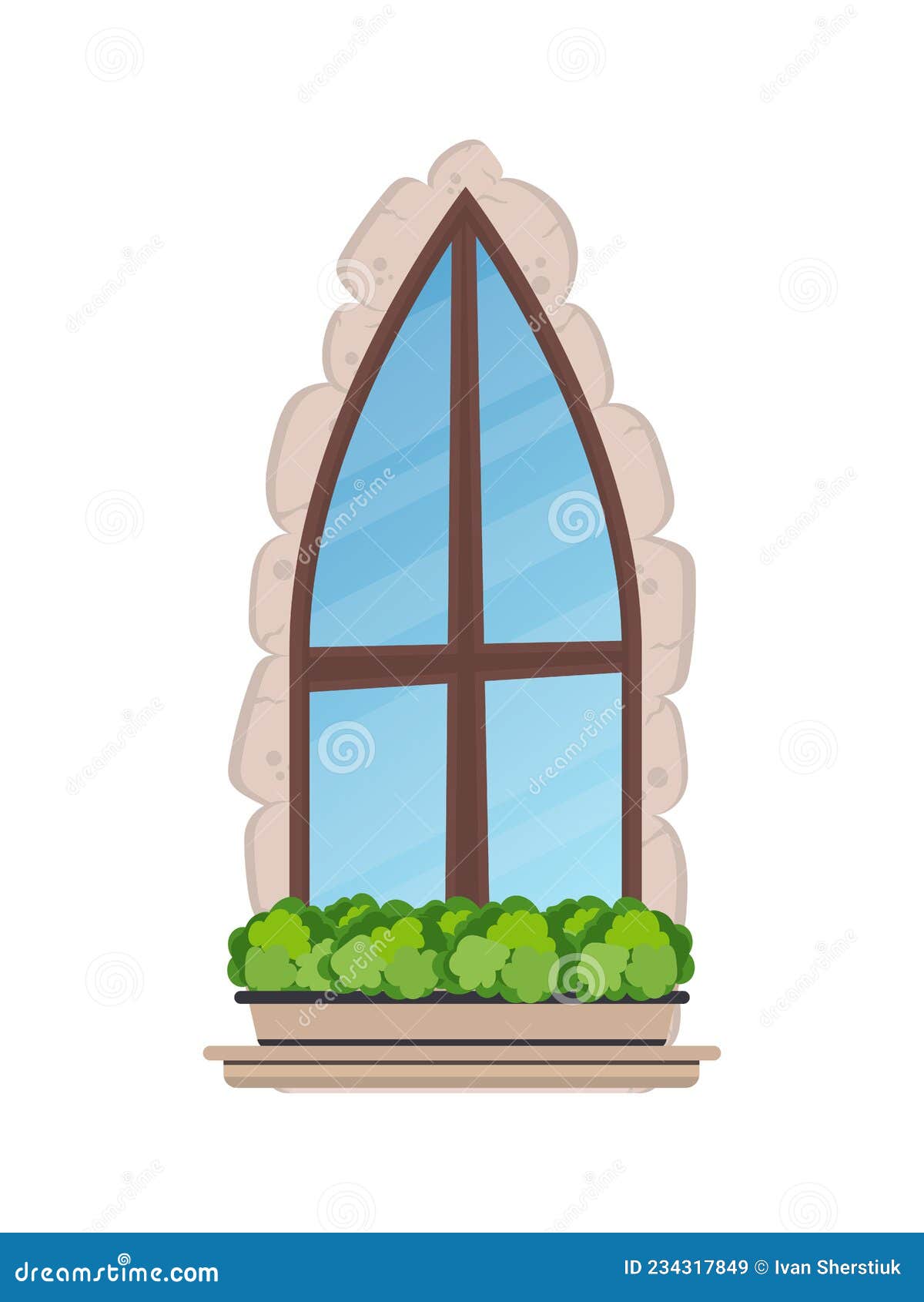 Old Window with Flowers and Stone Cladding. Cartoon Style. Vector Stock ...