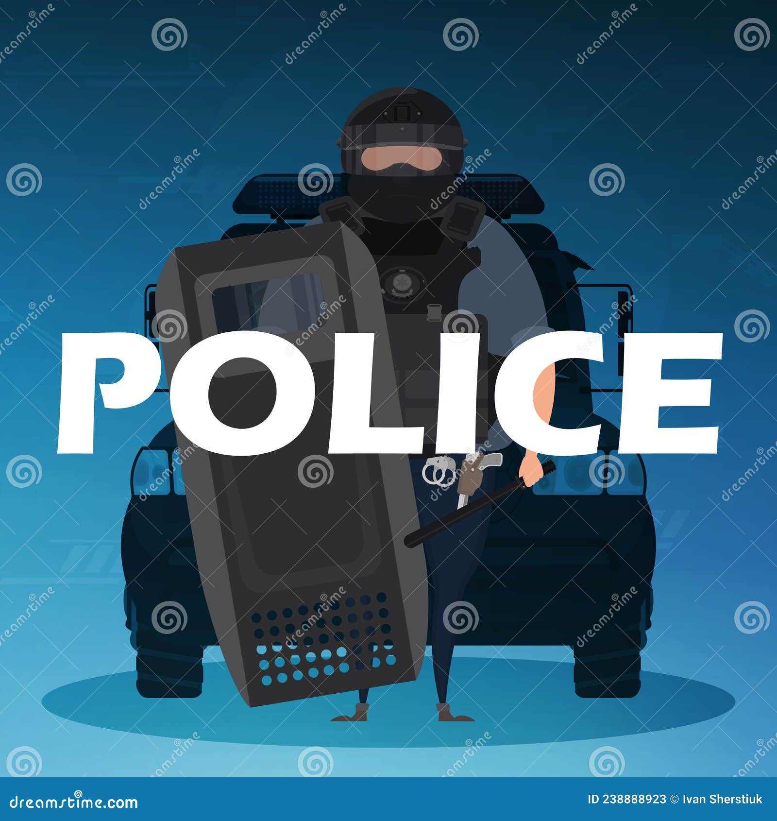 A Policeman in a Bulletproof Vest in Front of a Car. Square Banner ...