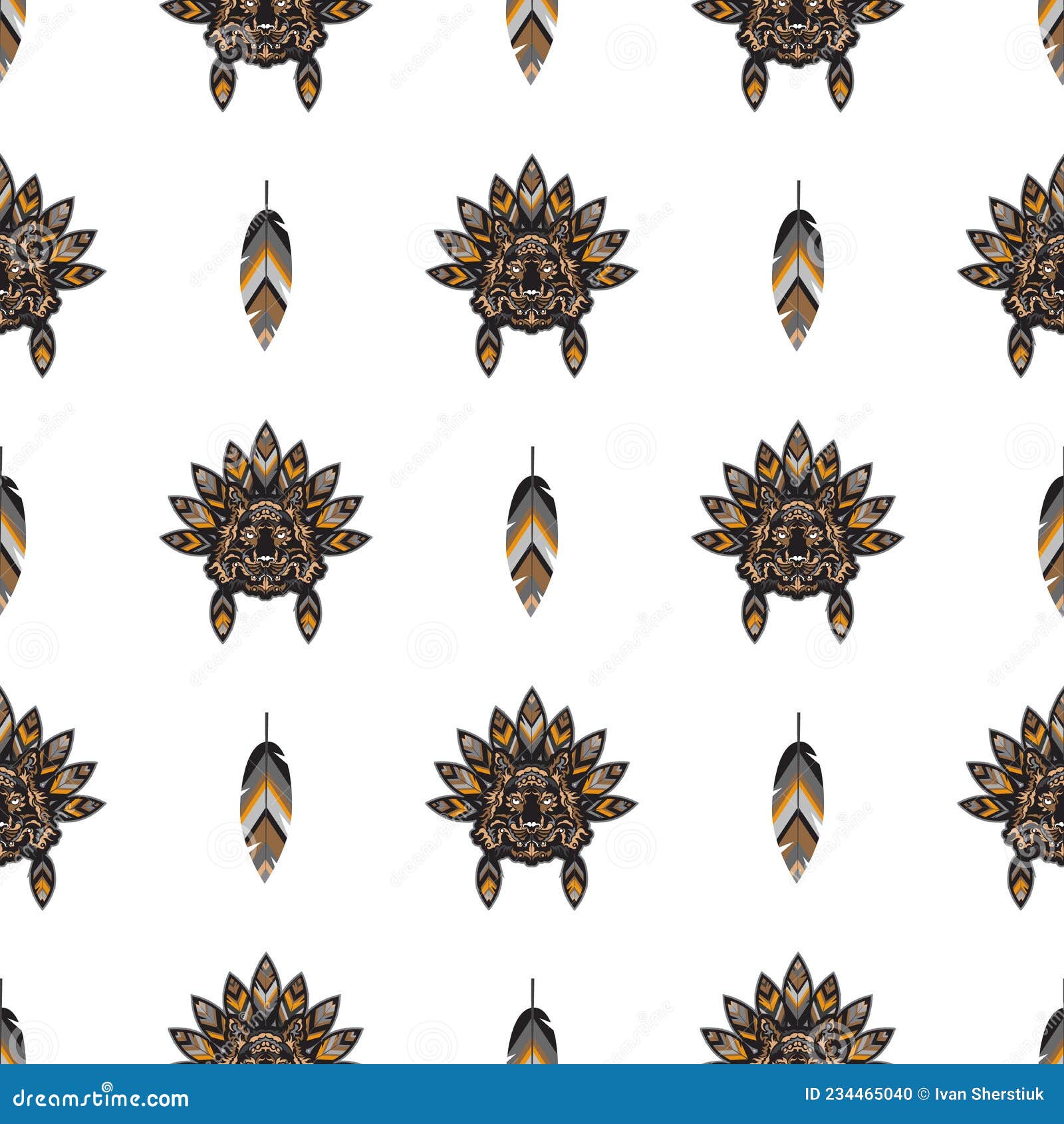 Seamless Pattern with Tiger Head in Feathers. Vector Illustration ...