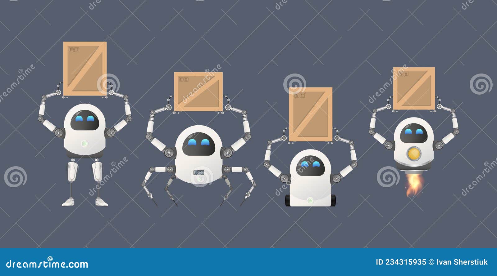 A Set of Robots that Lift Boxes. Cargo Delivery Concept. Isolated ...