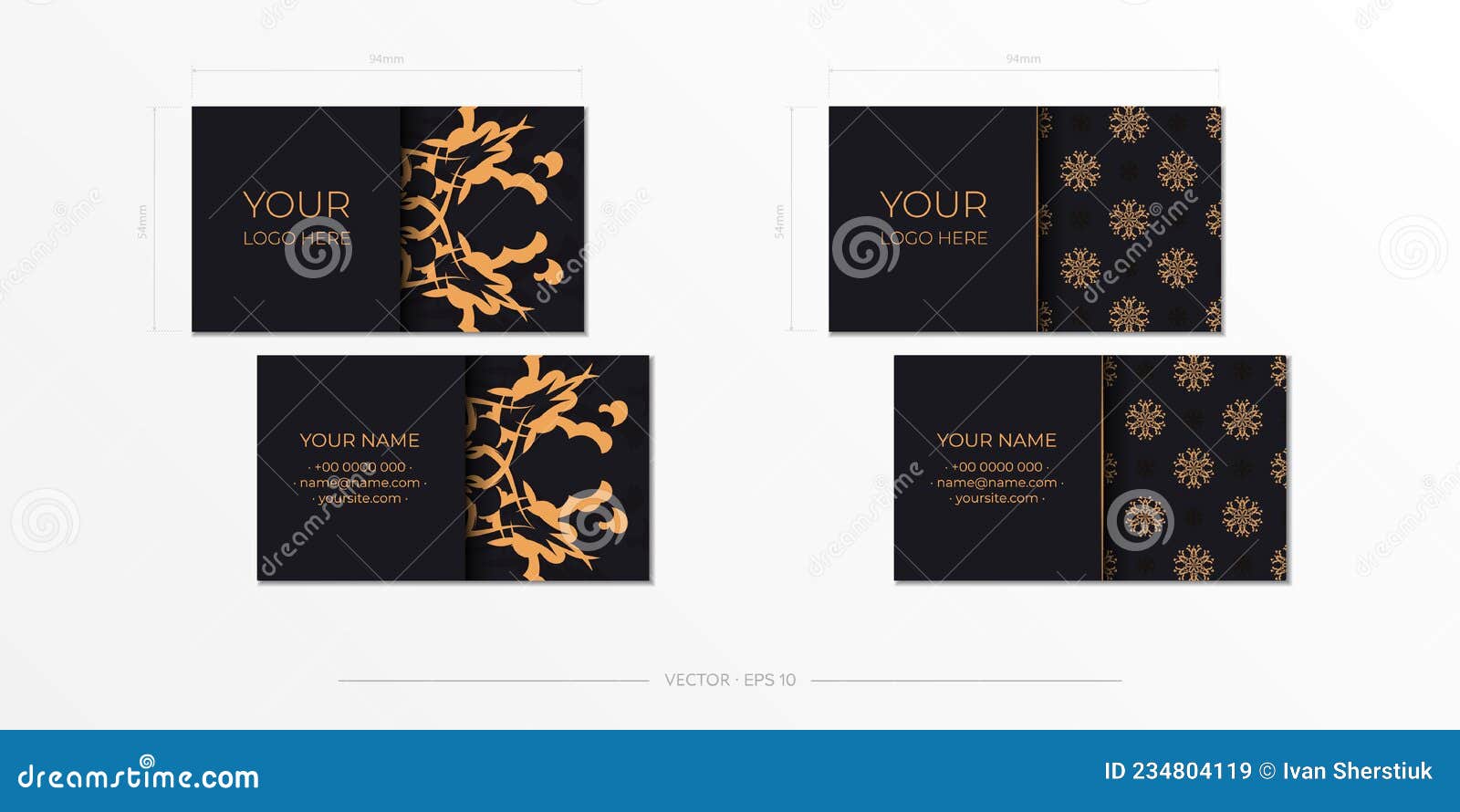 Vector Black Business Card Template with Indian Patterns. Print-ready ...