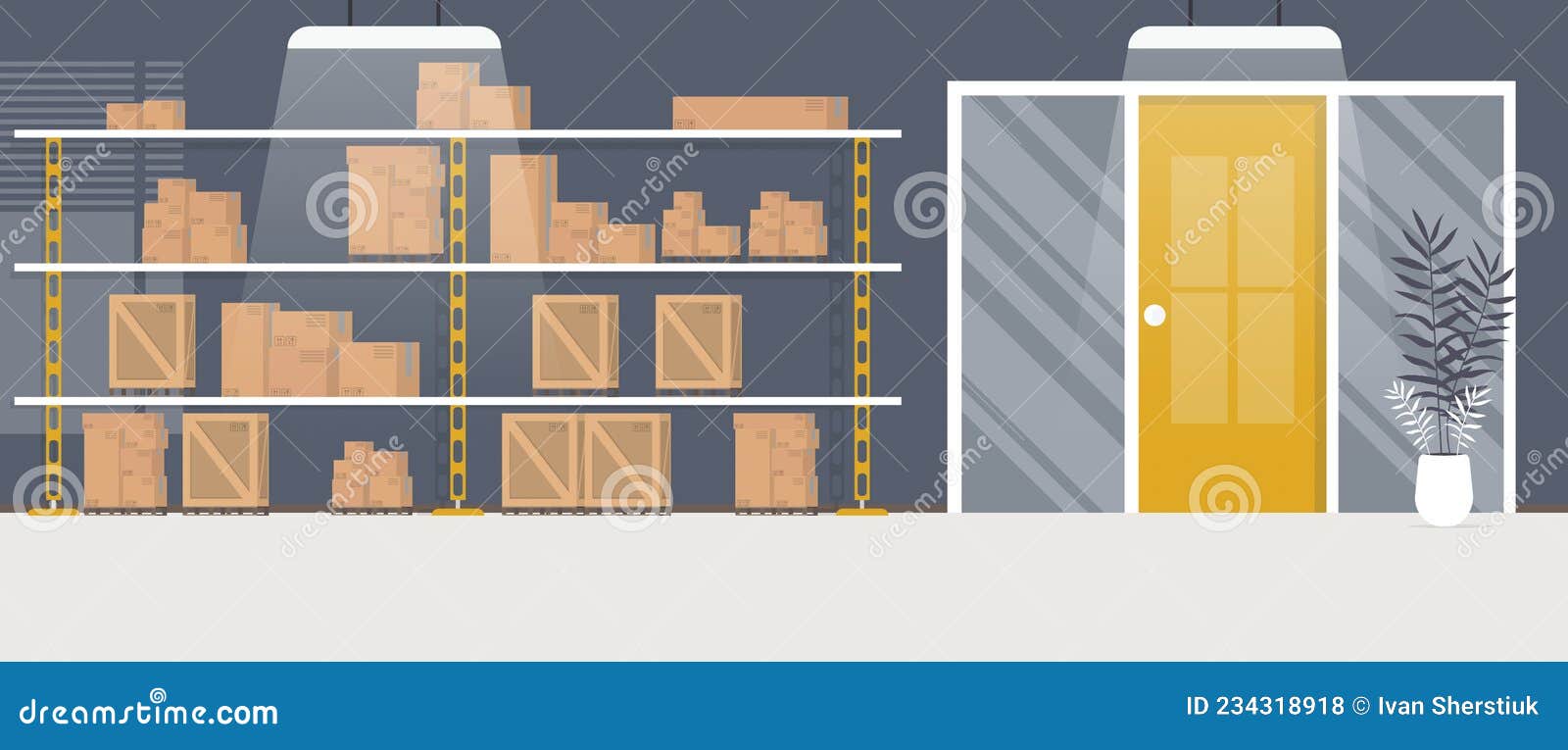 Warehouse with Racks and Boxes. Large Warehouse. Cartoon Style. Vector ...