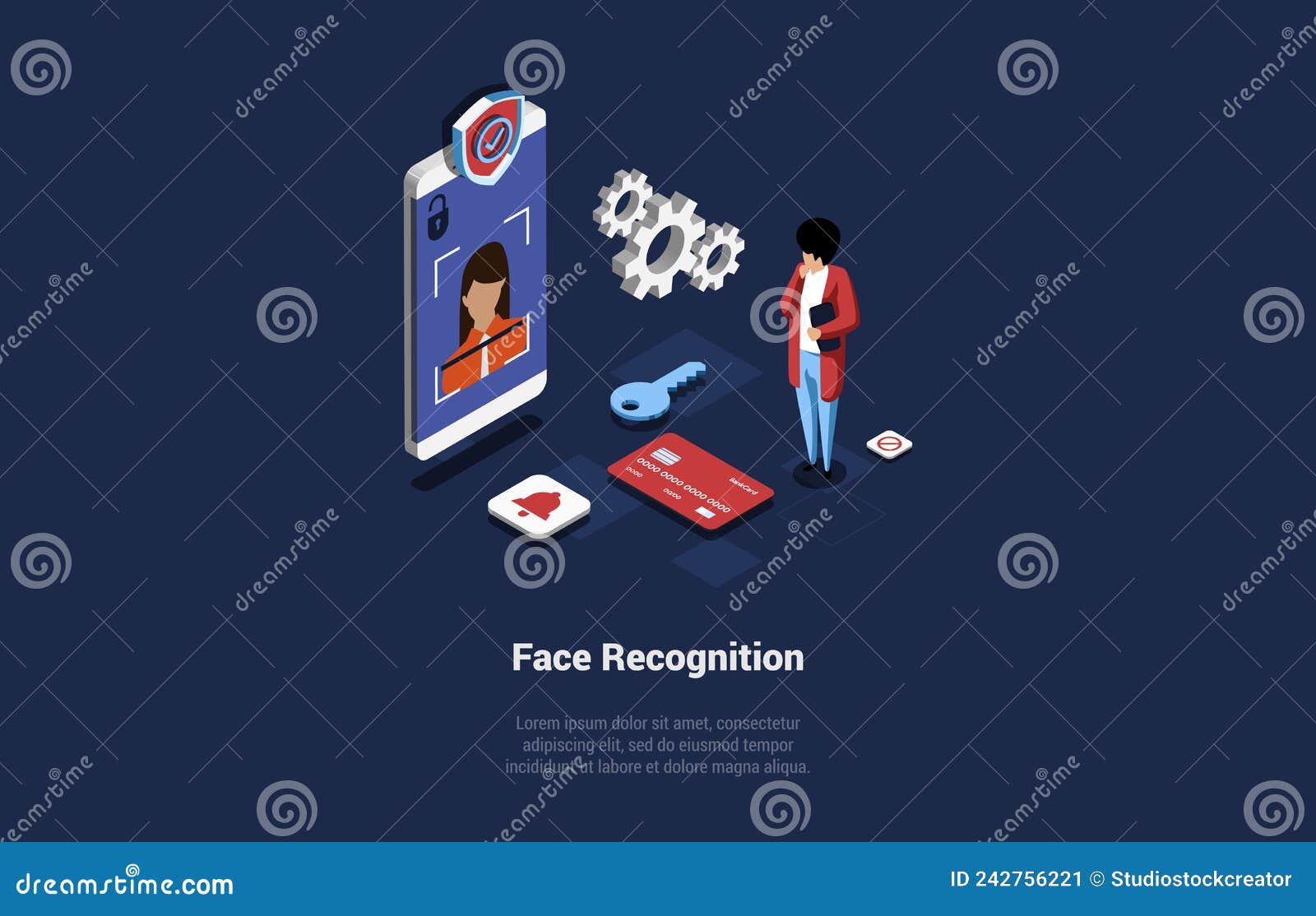 Vector Illustration on Face Recognition Program Concept. Isometric 3D ...