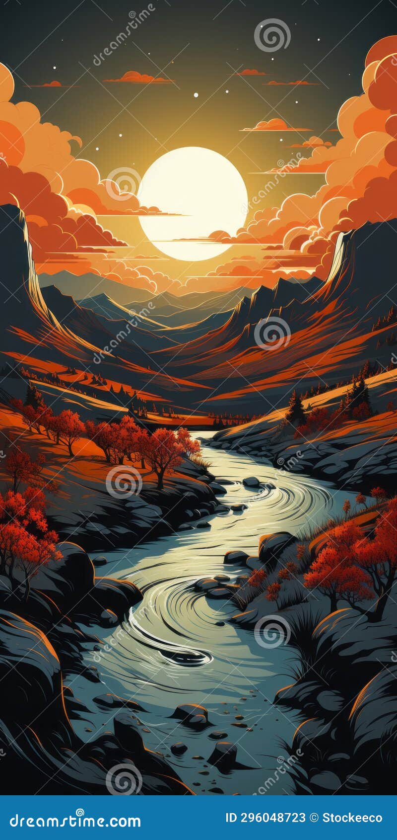 Abstract Landscape Illustration: River at Sunset in Detailed Shading ...
