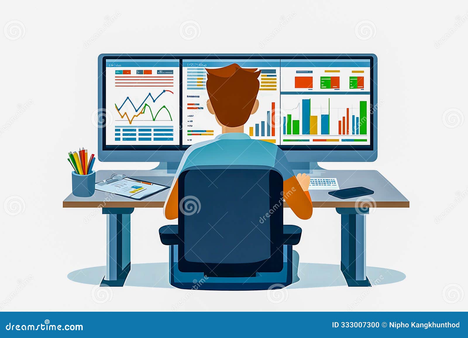 .a Vector Illustration of a Financial Analyst Working on Reports, with ...