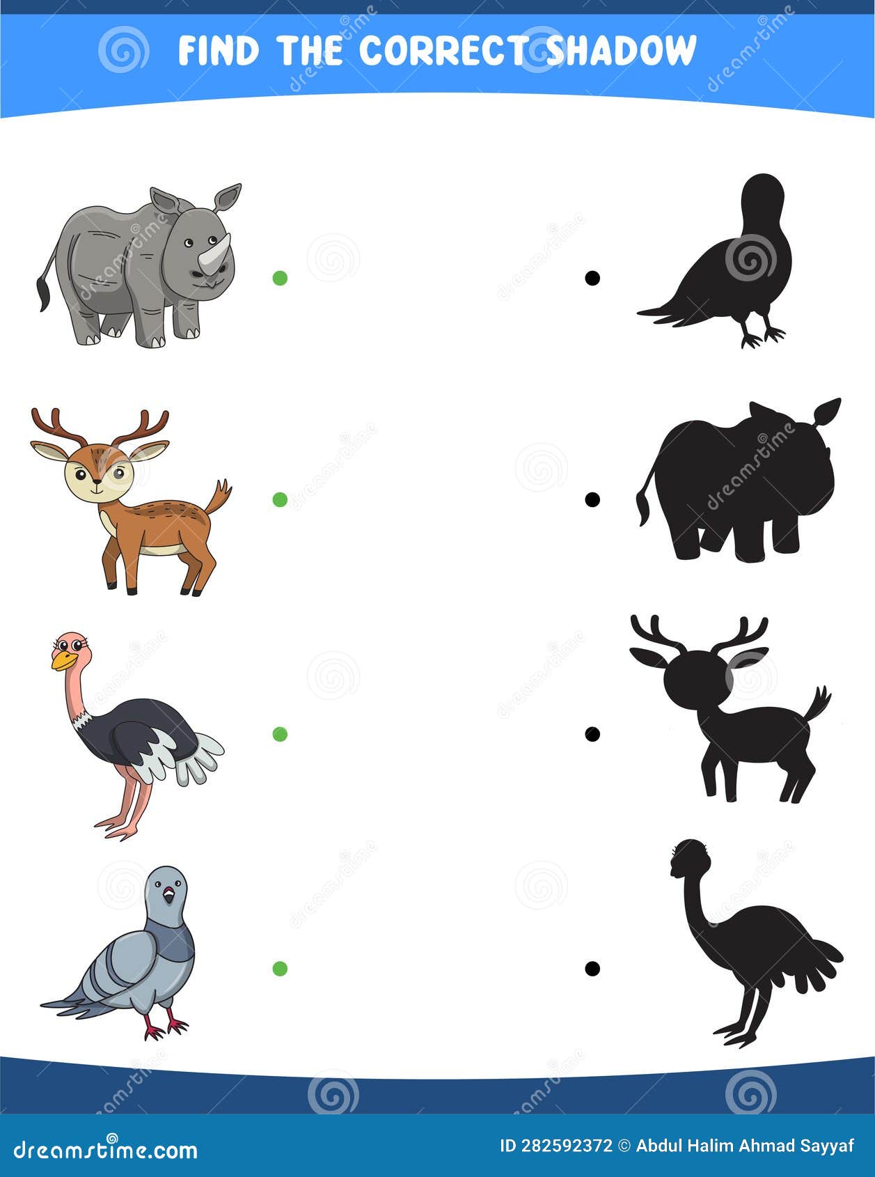 Vector Illustration Finding the Correct Shadow Wild Animals Rhino Deer ...