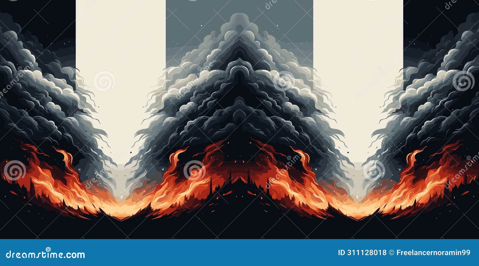 Vector Illustration of Fire and Smoke in the Night Sky, Explosion Flame ...