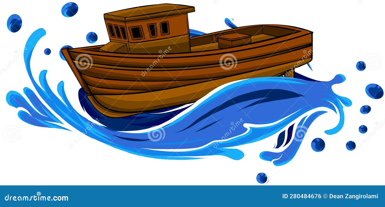 Vector Illustration of Fishing Boat in Wave Stock Vector - Illustration ...