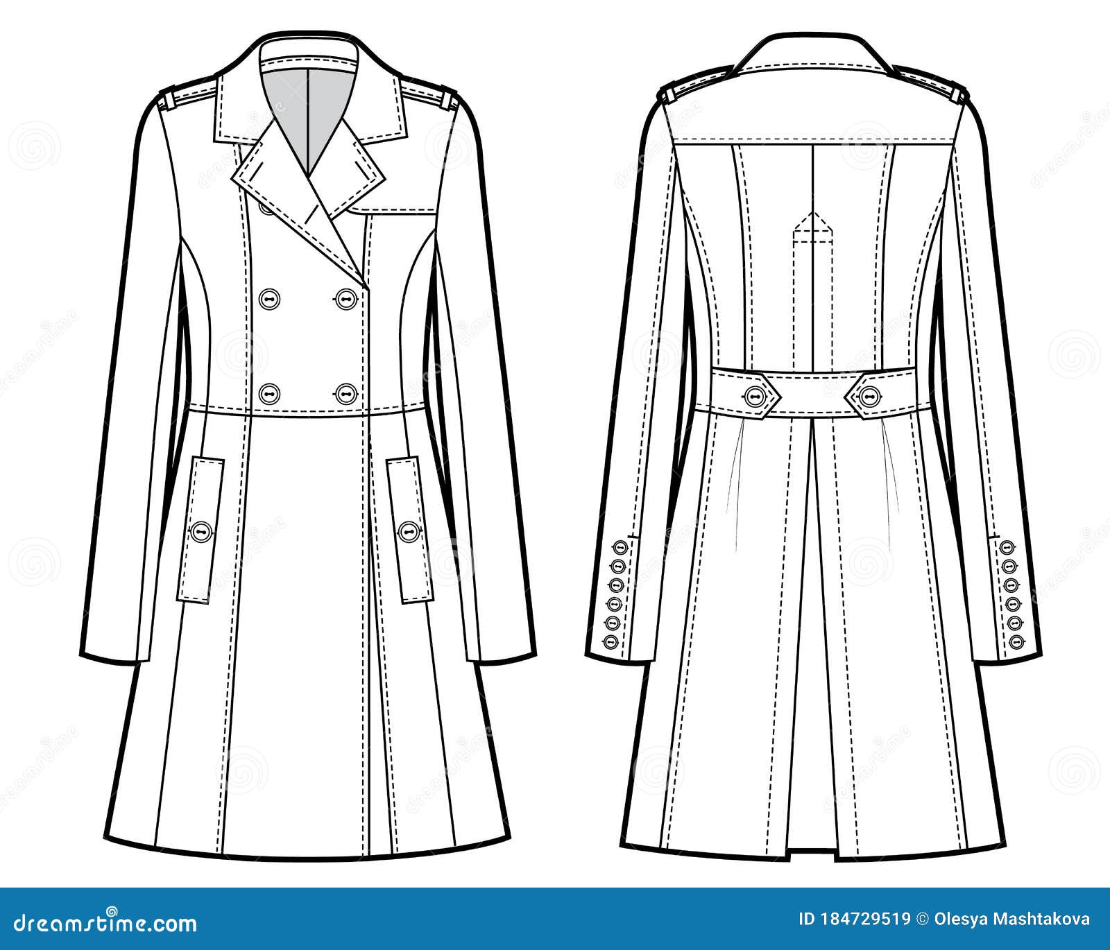 Vector Illustration of Fitted Women`s Double-breasted Trench Coat Stock ...
