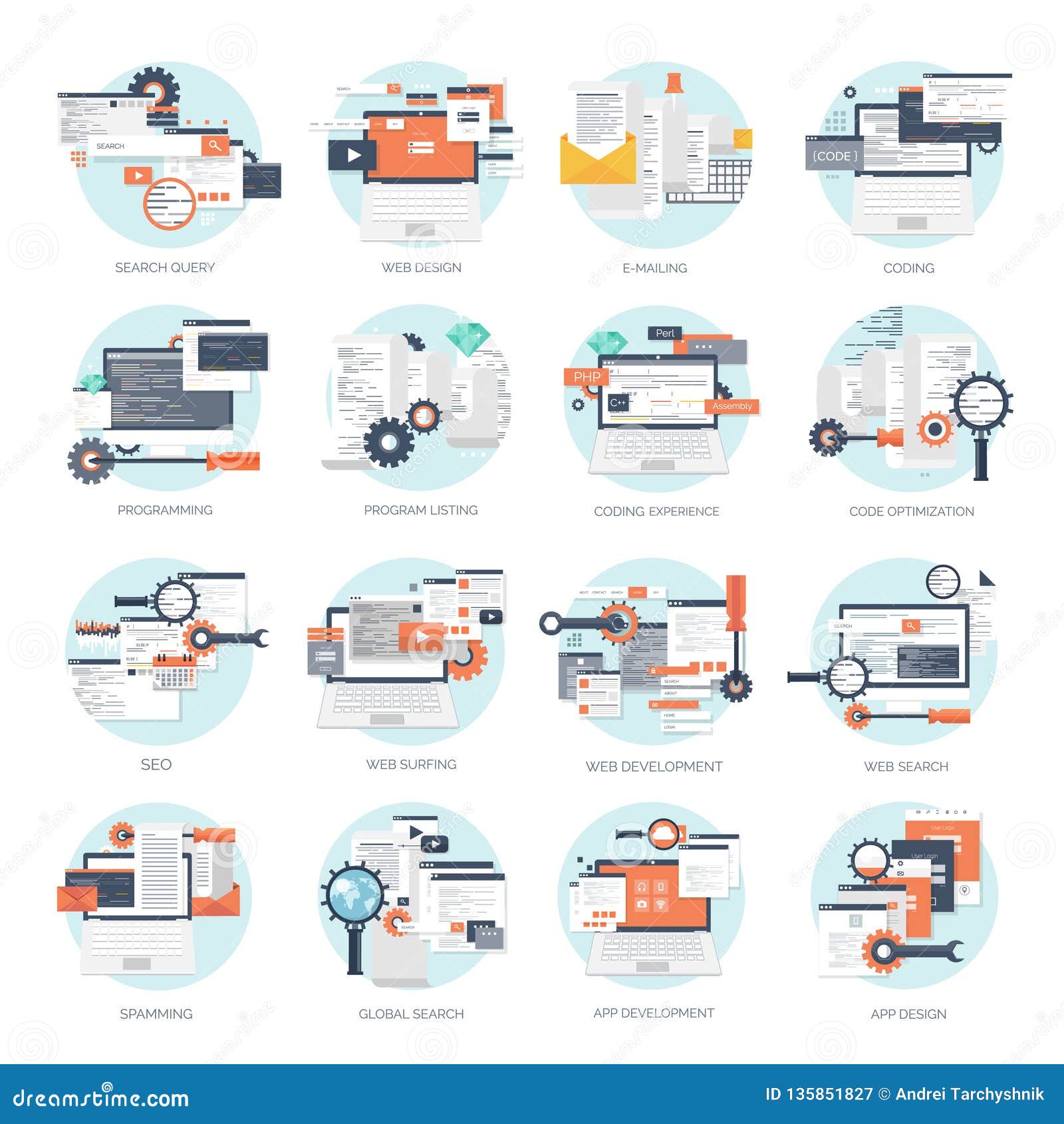 Vector Illustration. Flat Background. Coding Programming SEO. Search Engine Optimisation Stock ...