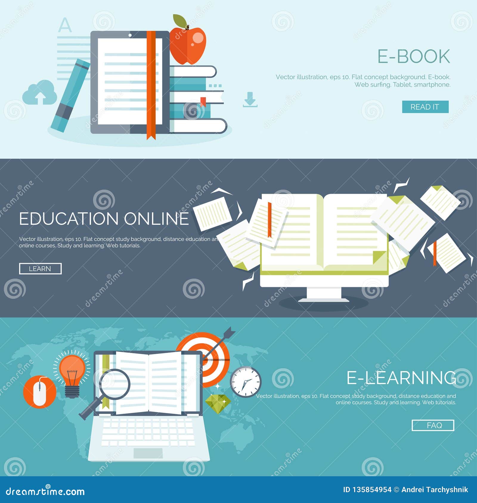 Vector Illustration. Flat Backgrounds Set. Distance Education,learning ...
