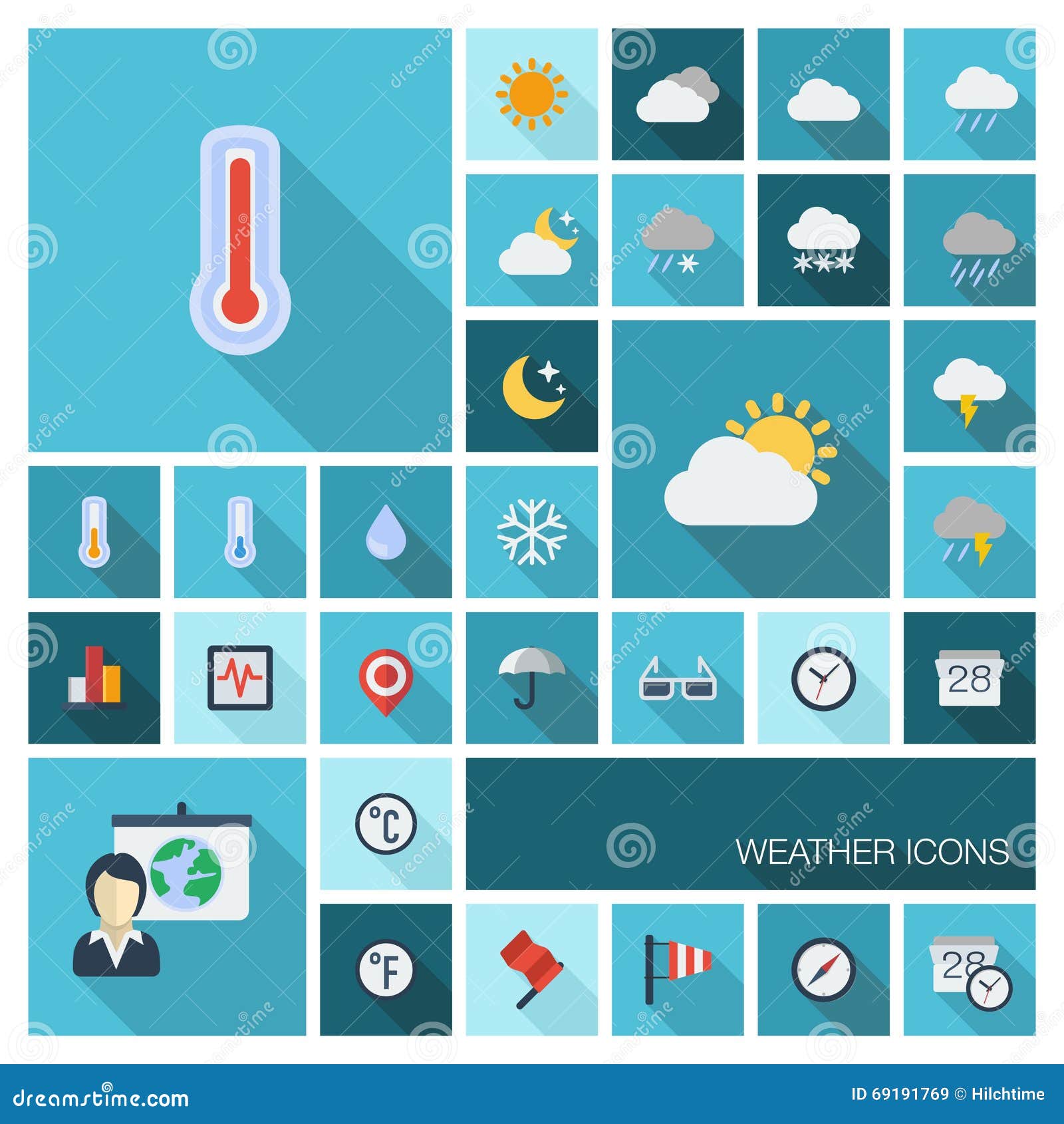 Vector Illustration of Flat Color Icons with Long Shadow for Meteo and ...