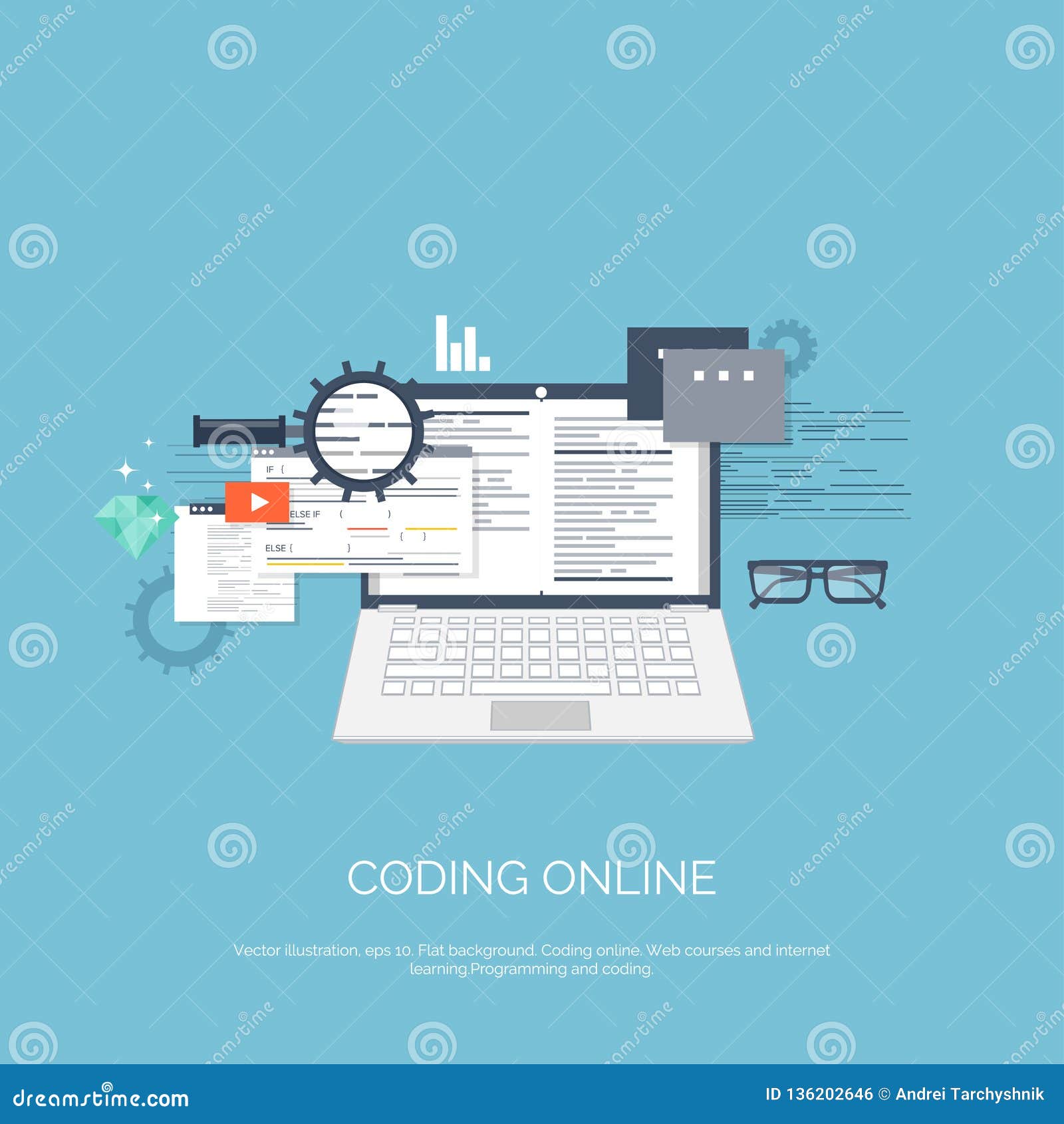 Vector Illustration. Flat Computing Background. Programming,coding. Web Development and Search ...